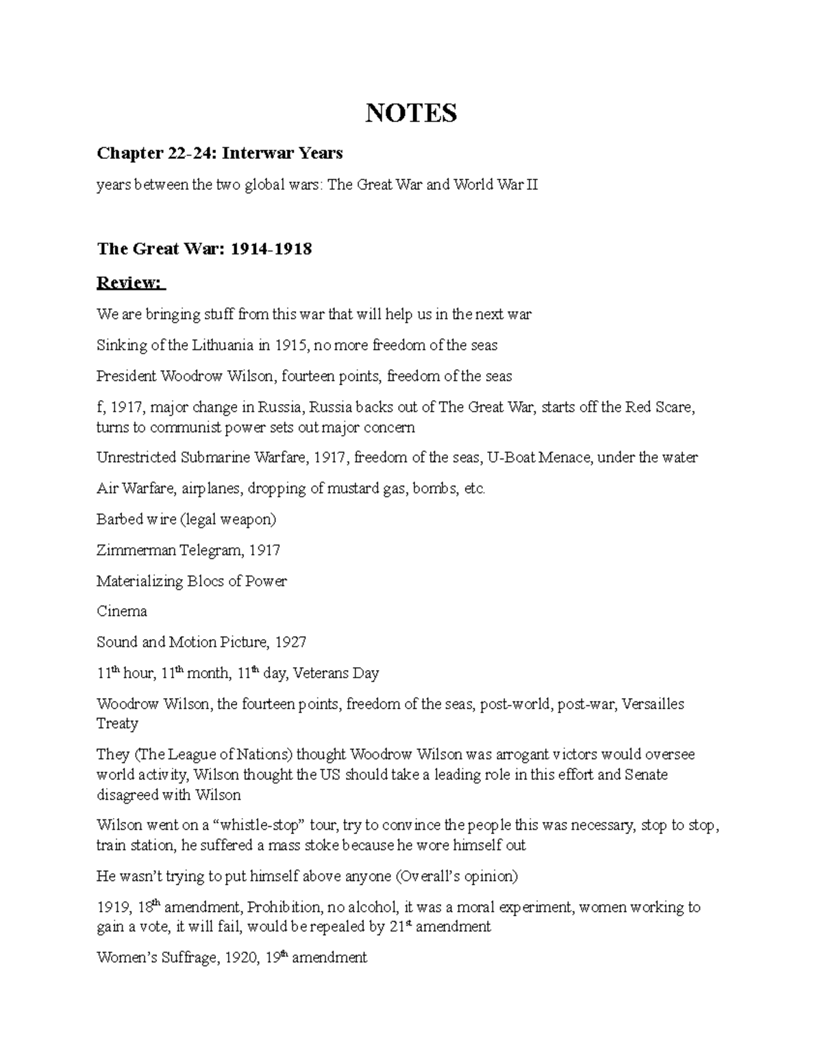 Unit 2 - Notes for Unit 2 - NOTES Chapter 22-24: Interwar Years years ...