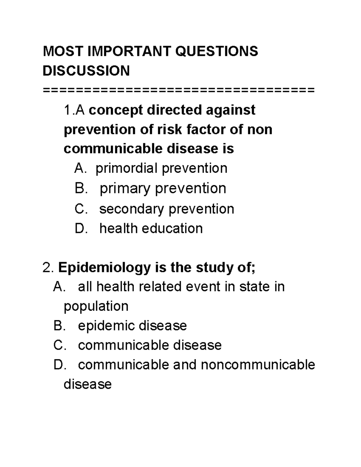 MCQ Questions on Non-Communicable Disease Prevention and Epidemiology ...
