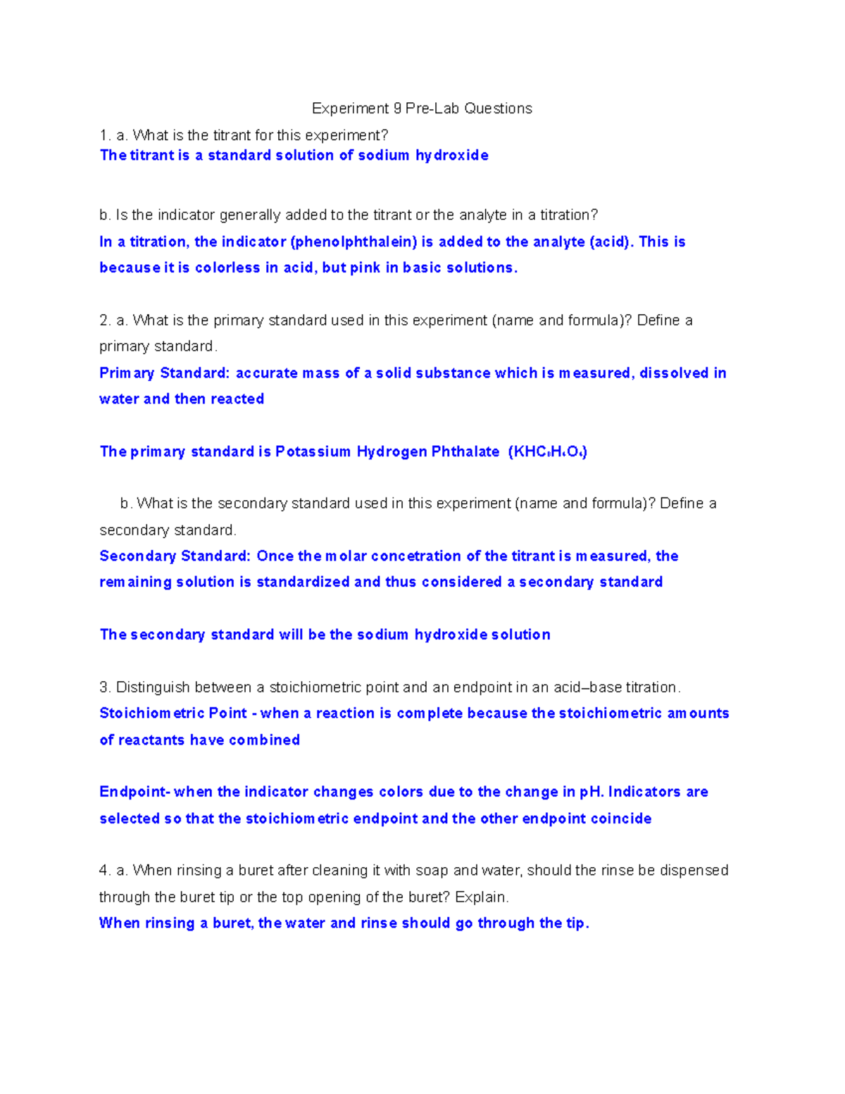Experiment 9 Pre-Lab Qs: Titration & Standardization Concepts - Studocu