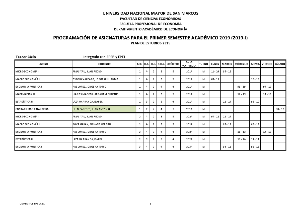 UNMSM-FCE-EPE-DAEc. Programación de Asignaturas 2019-I - Studocu