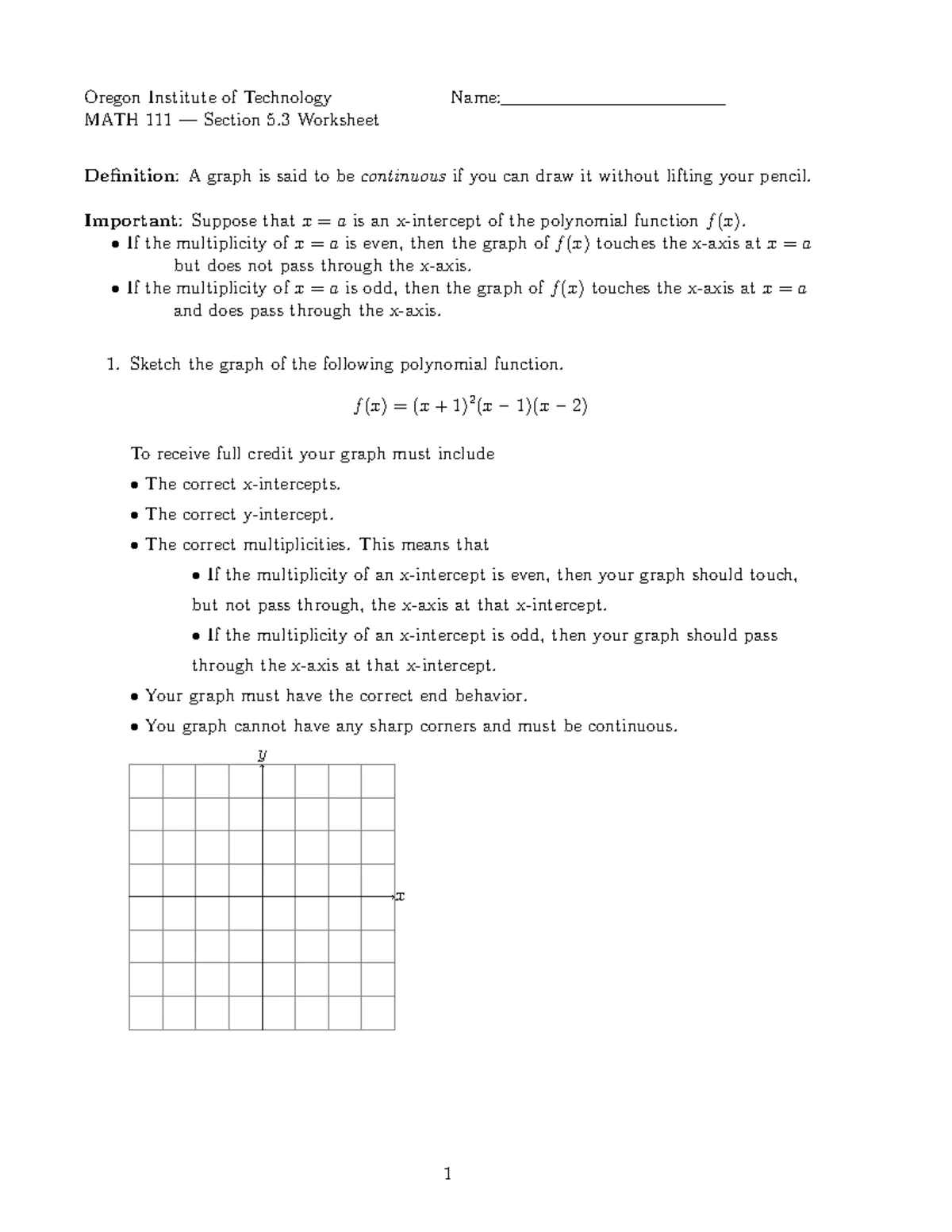 MATH 111 - Section 5.2 Polynomial Functions Worksheet and Definitions ...