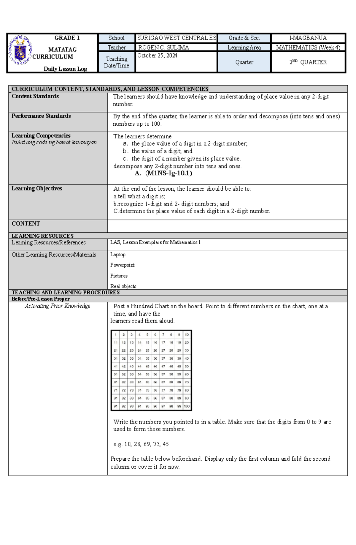 Grade 1 Mathematics Daily Lesson Log (Week 4) - Place Value ...