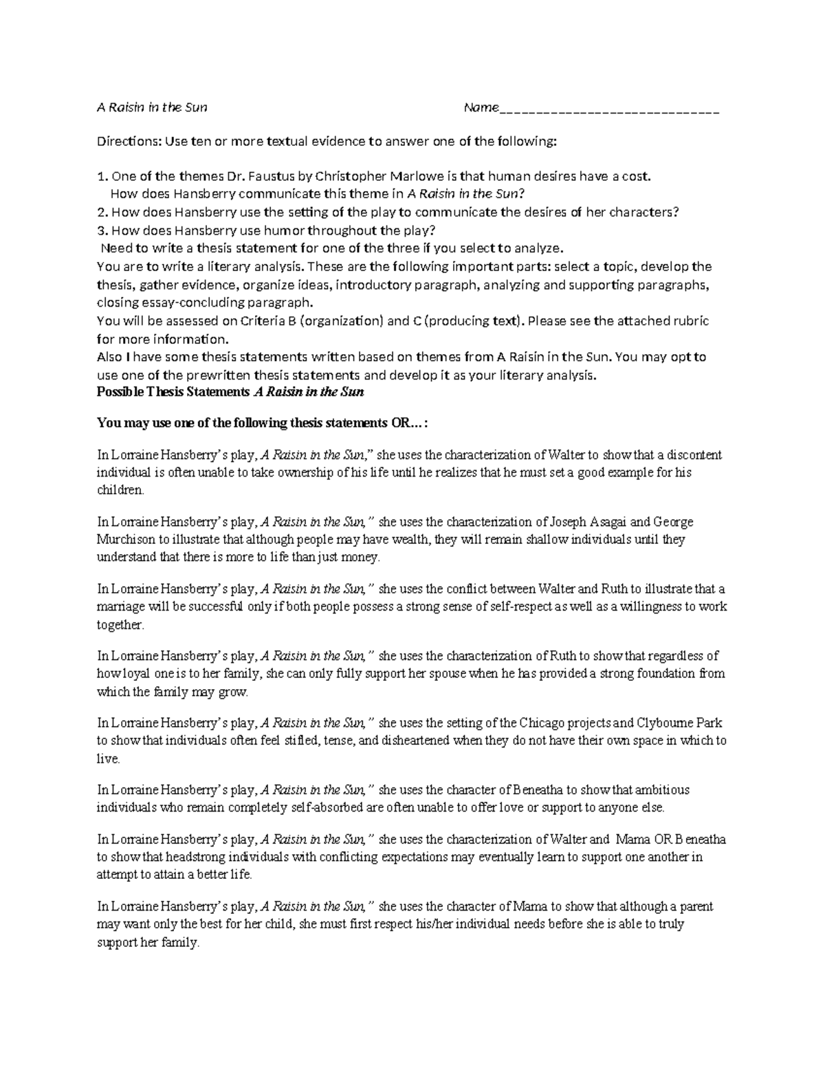 A Raisin in the Sun Literary Analysis Thesis Statements Guidance - Studocu