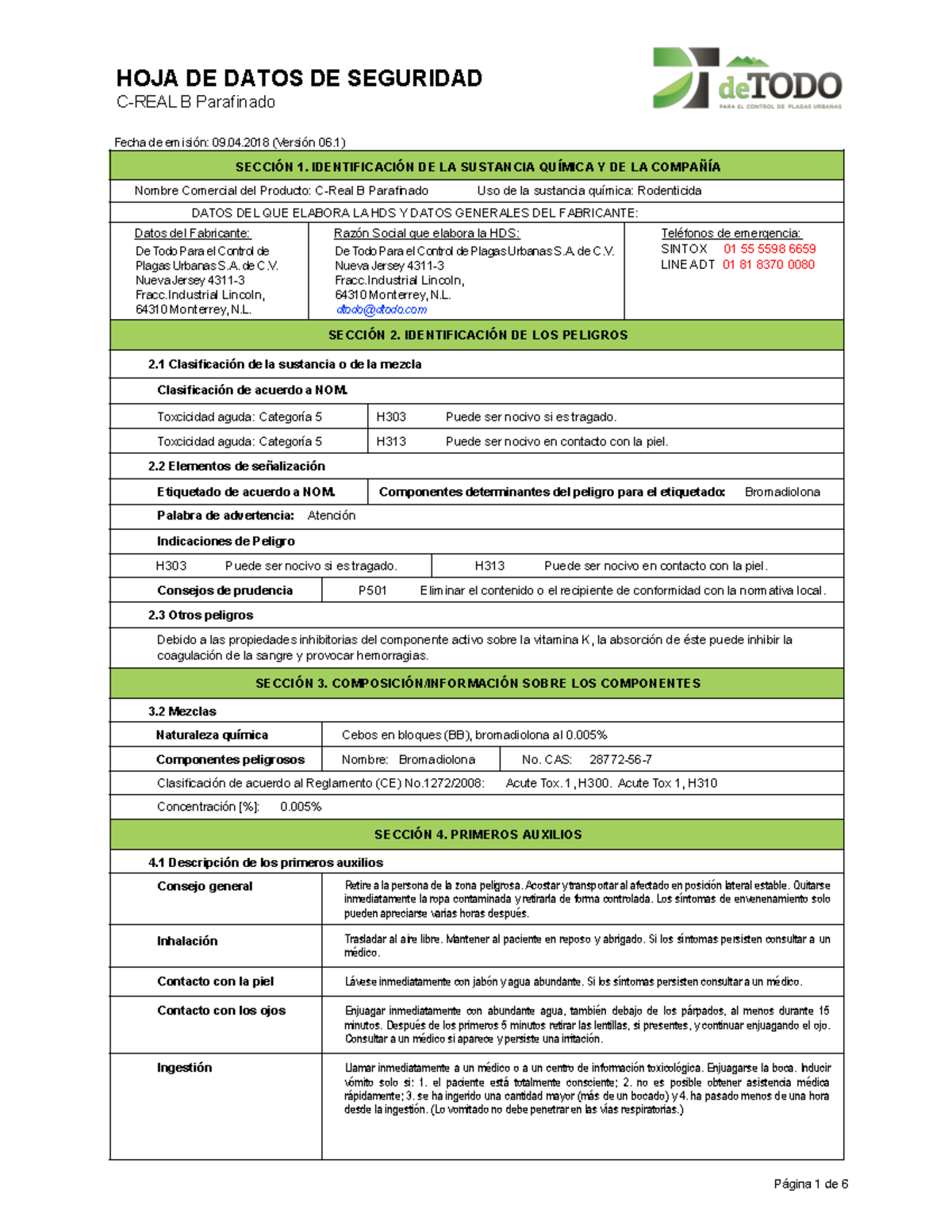 Hoja de Seguridad: C-REAL B Parafinado - Información Esencial - Studocu