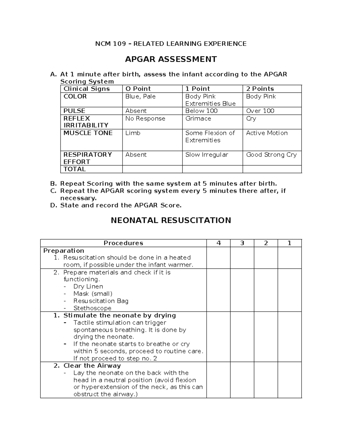 NCM-109 - Lecture - NCM 109 – RELATED LEARNING EXPERIENCE APGAR ...
