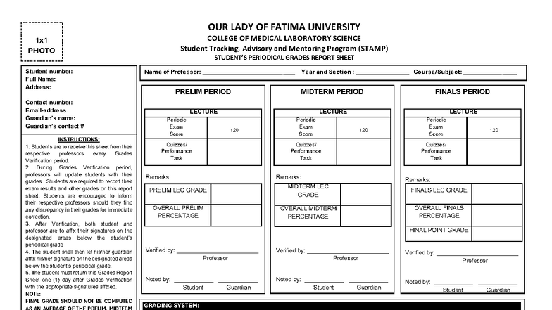 OUR LADY OF FATIMA UNIVERSITY STAMP Form for Grades Verification - Studocu