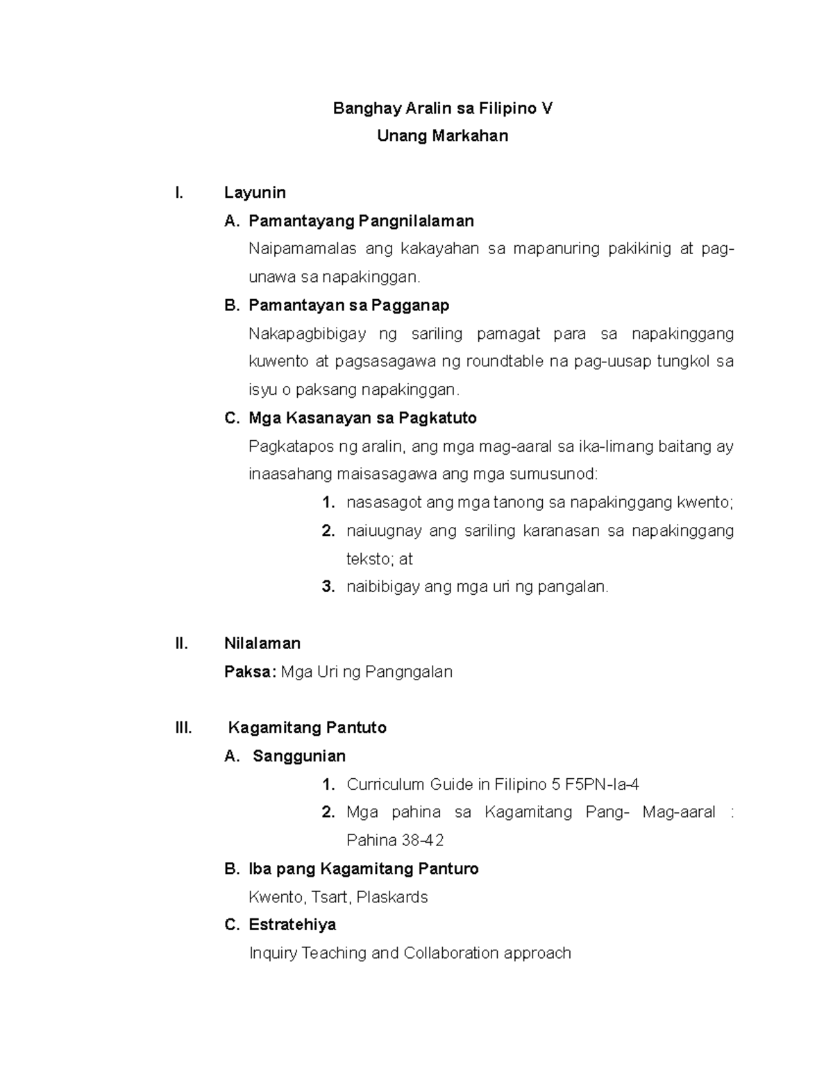 Banghay Aralin sa Filipino V - Unang Markahan na may Layunin - Studocu