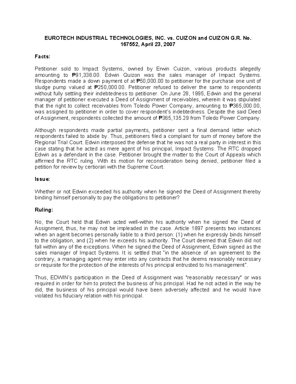 CD Eurotech Ind. Tech. Inc. vs. Cuizon: Supreme Court Ruling Analysis ...