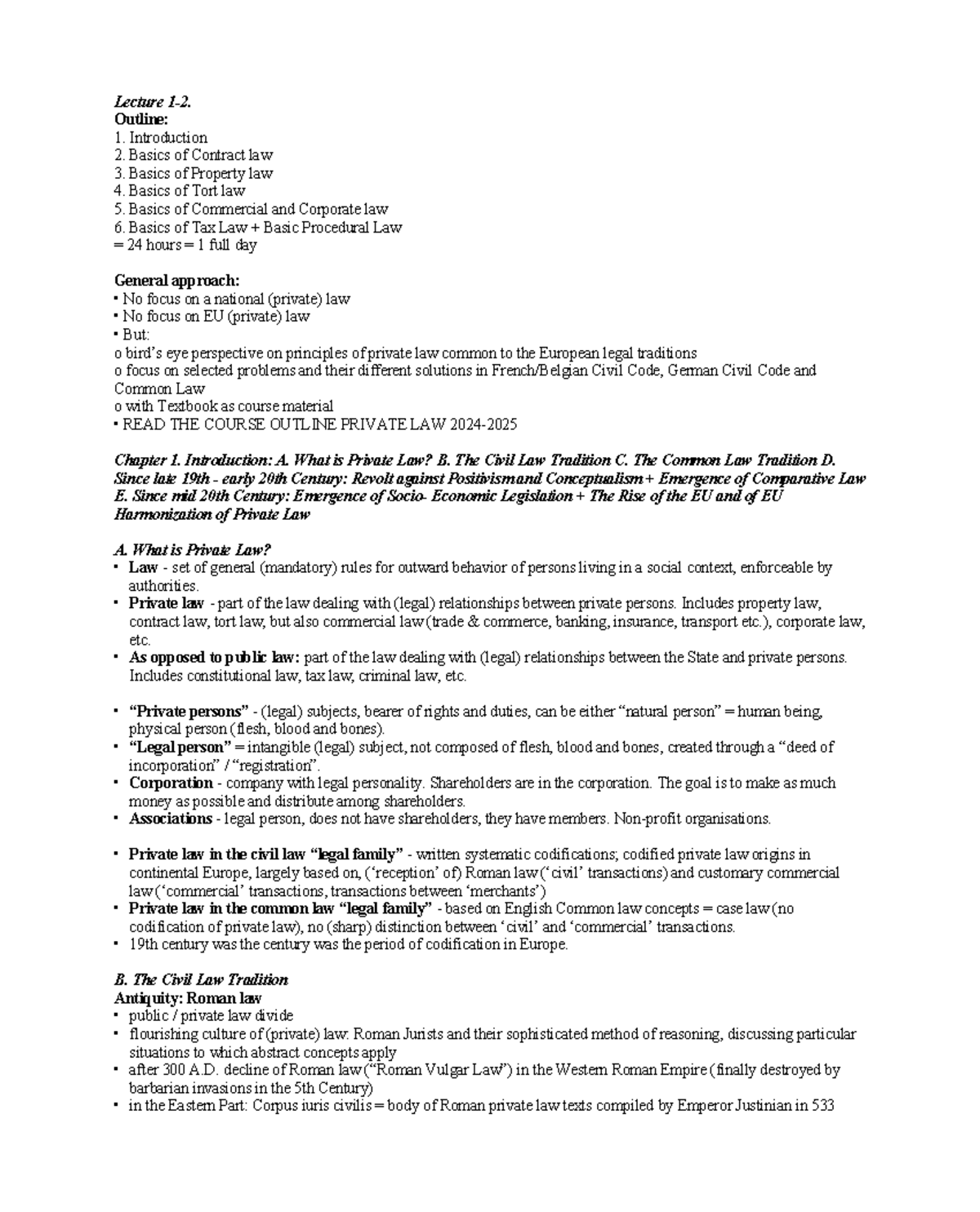 Private Law Notes: Overview of Contract, Property, and Tort Law - Studocu