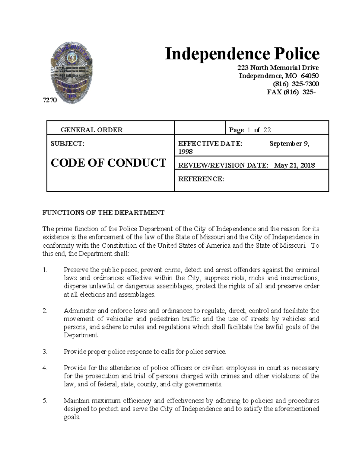 Independence Police Department Code of Ethics and Conduct Regulations ...