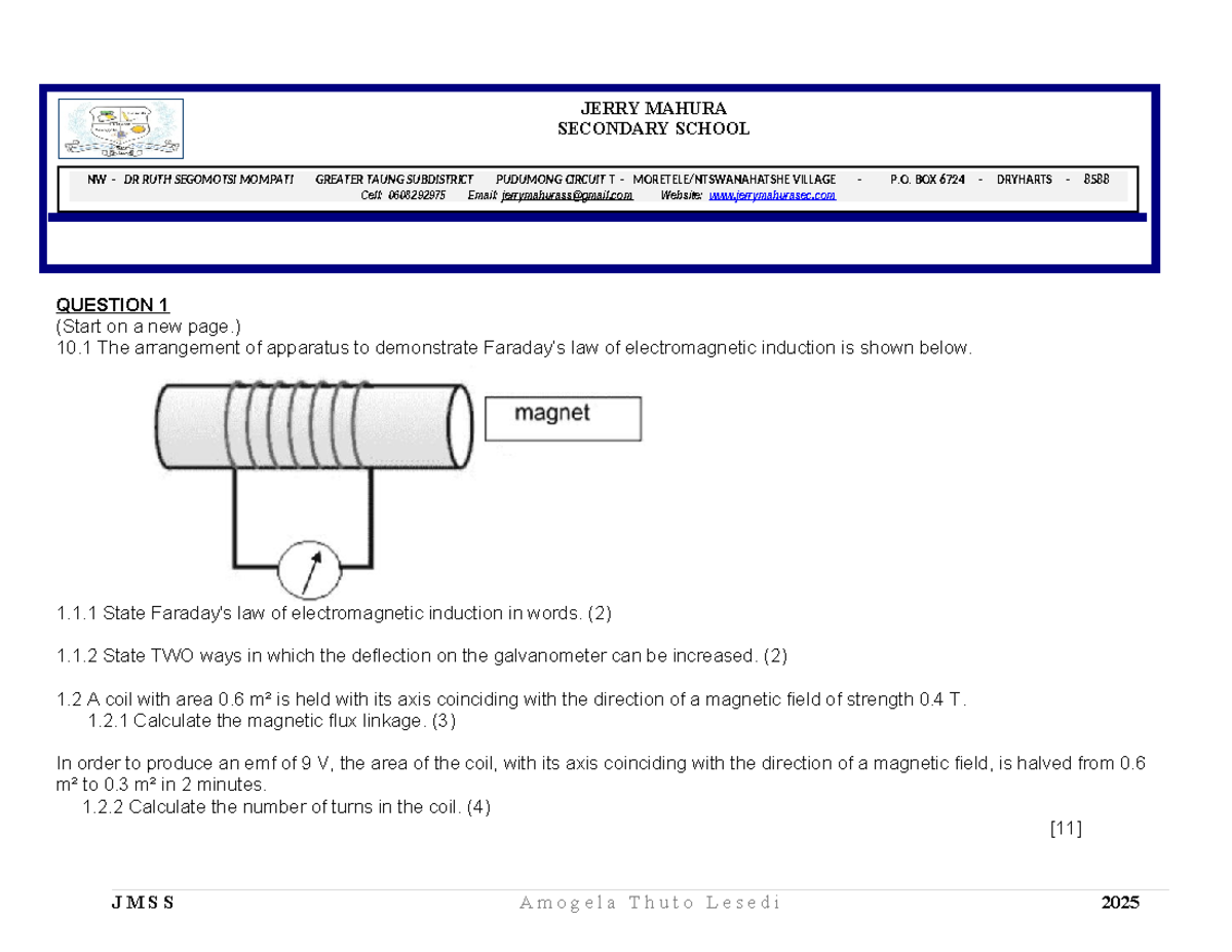 JMSS Gr8 Physics Term 2 Week 2: Electromagnetic Induction Questions - Studocu