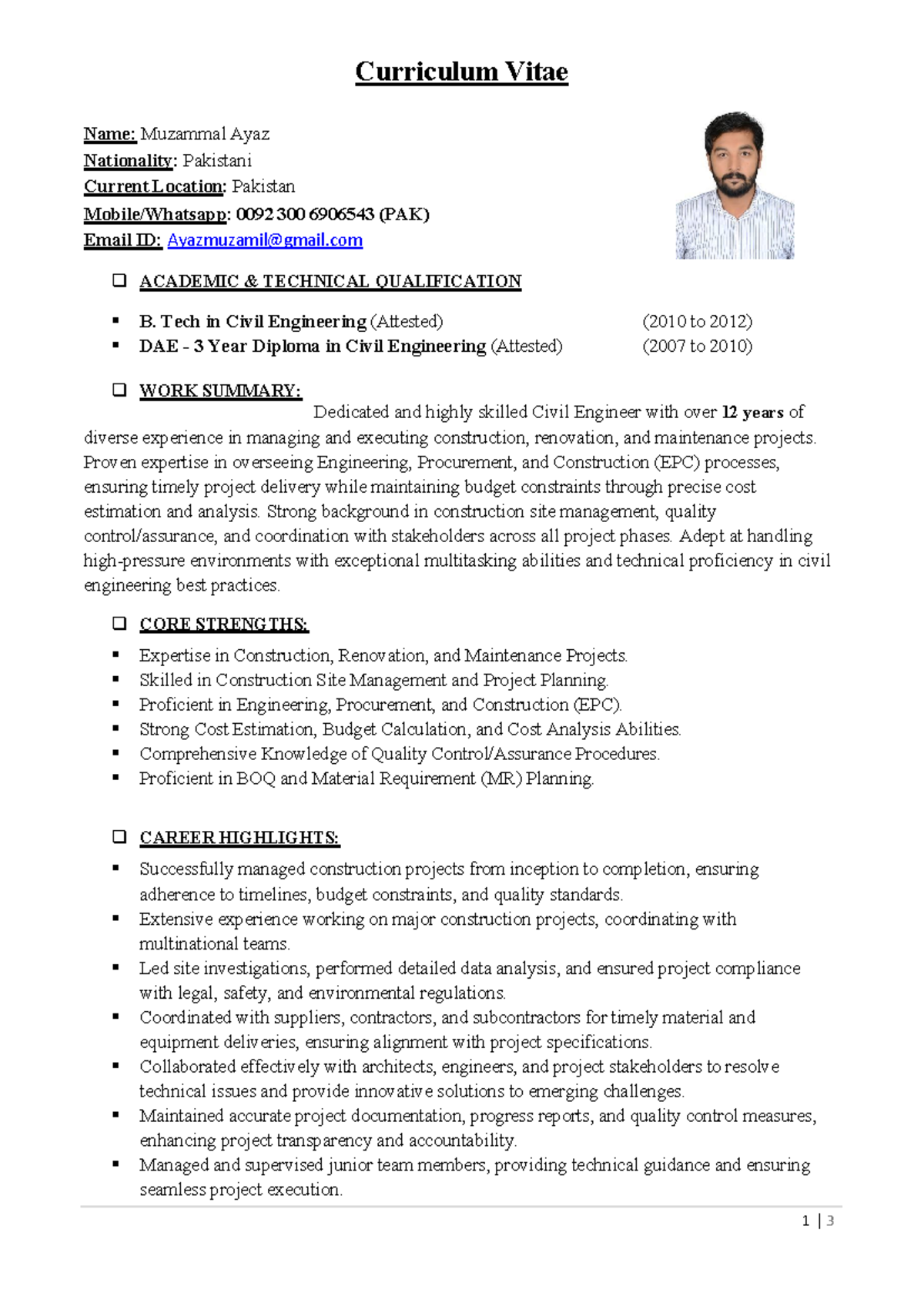 Civil Engr Muzammal Ayaz (CV-2024) - 1 | 3 Curriculum Vitae Name ...