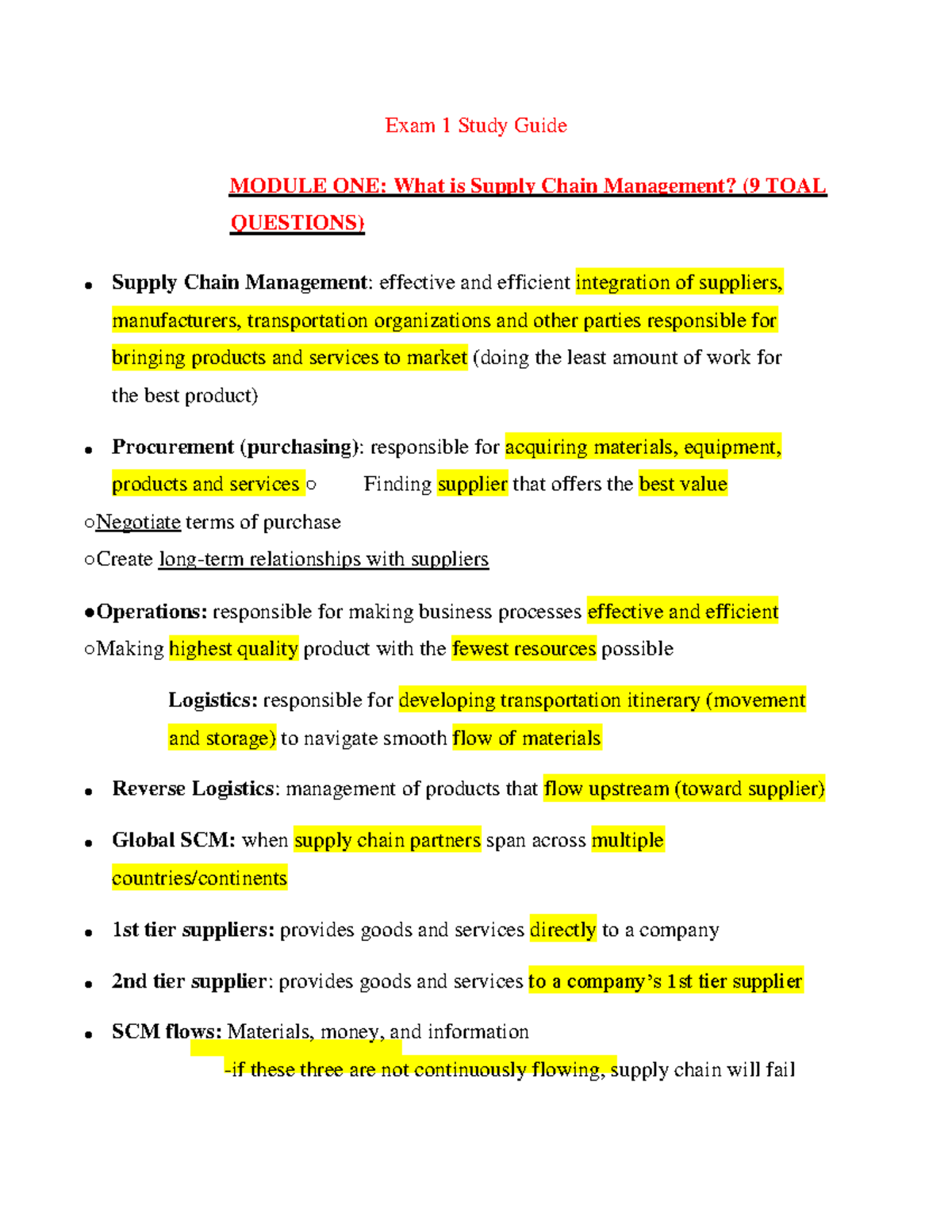 Module 1 SCM: Comprehensive Exam 1 Study Guide on Supply Chain Concepts ...
