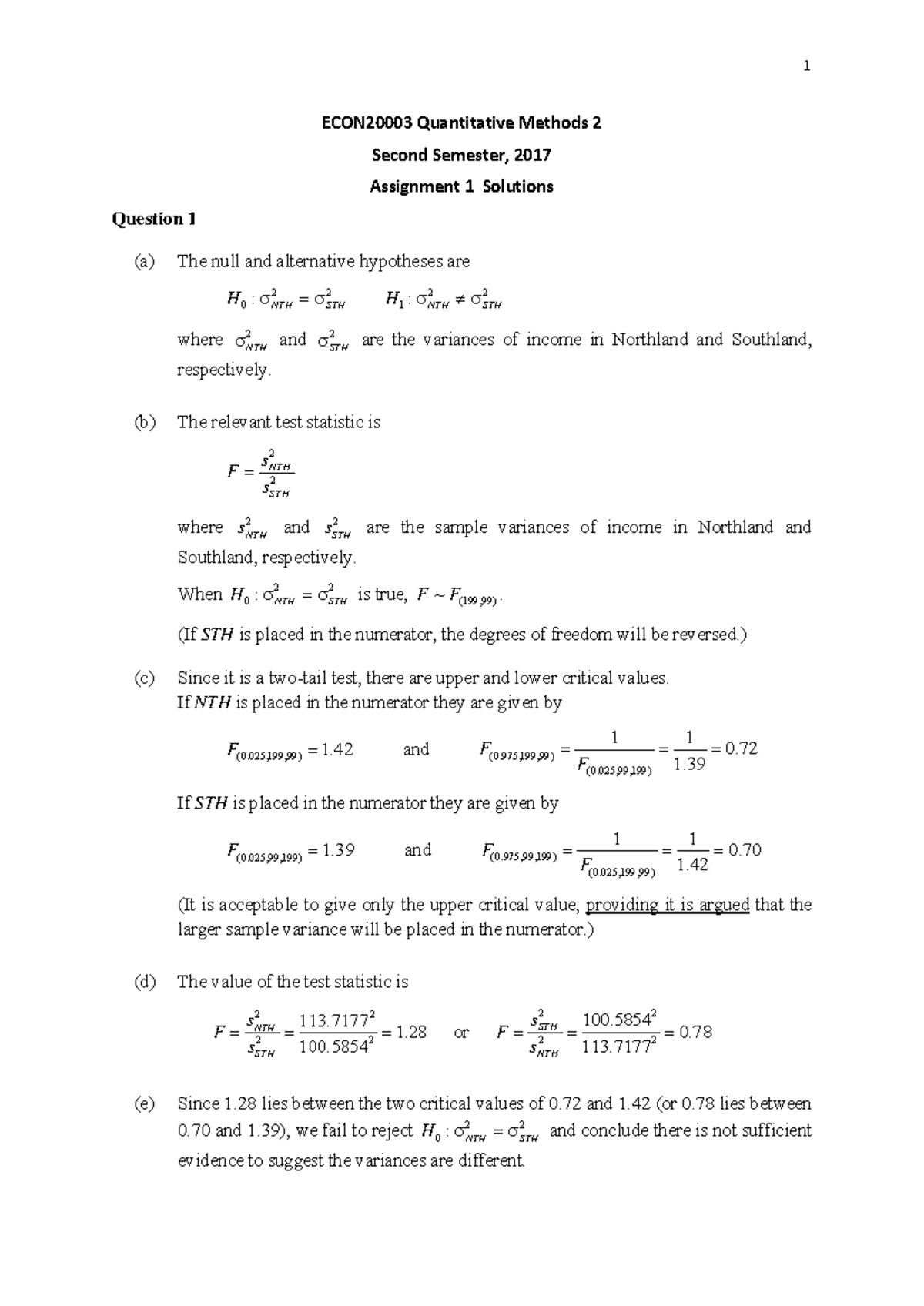 Assignment 1 Solutions - 1 ECON20003 Quantitative Methods 2 Second Semester, 2017 Assignment ...