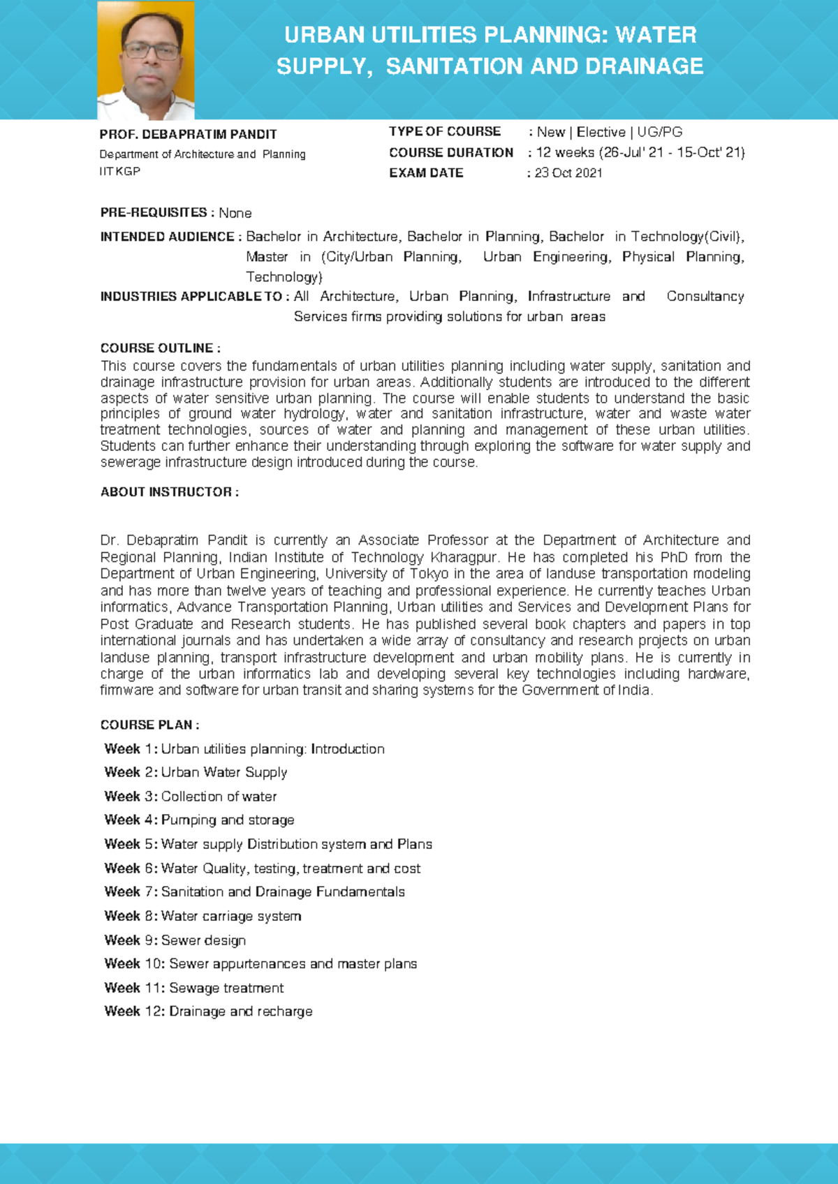 Urban Utilities Planning (Course Code: UUP 101) - Water Supply ...