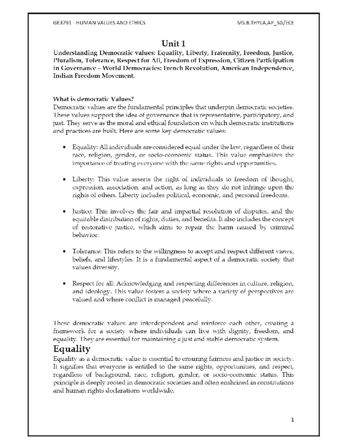 Ge3791 Human Values And Ethics Unit 1 Exploring Democratic Values And