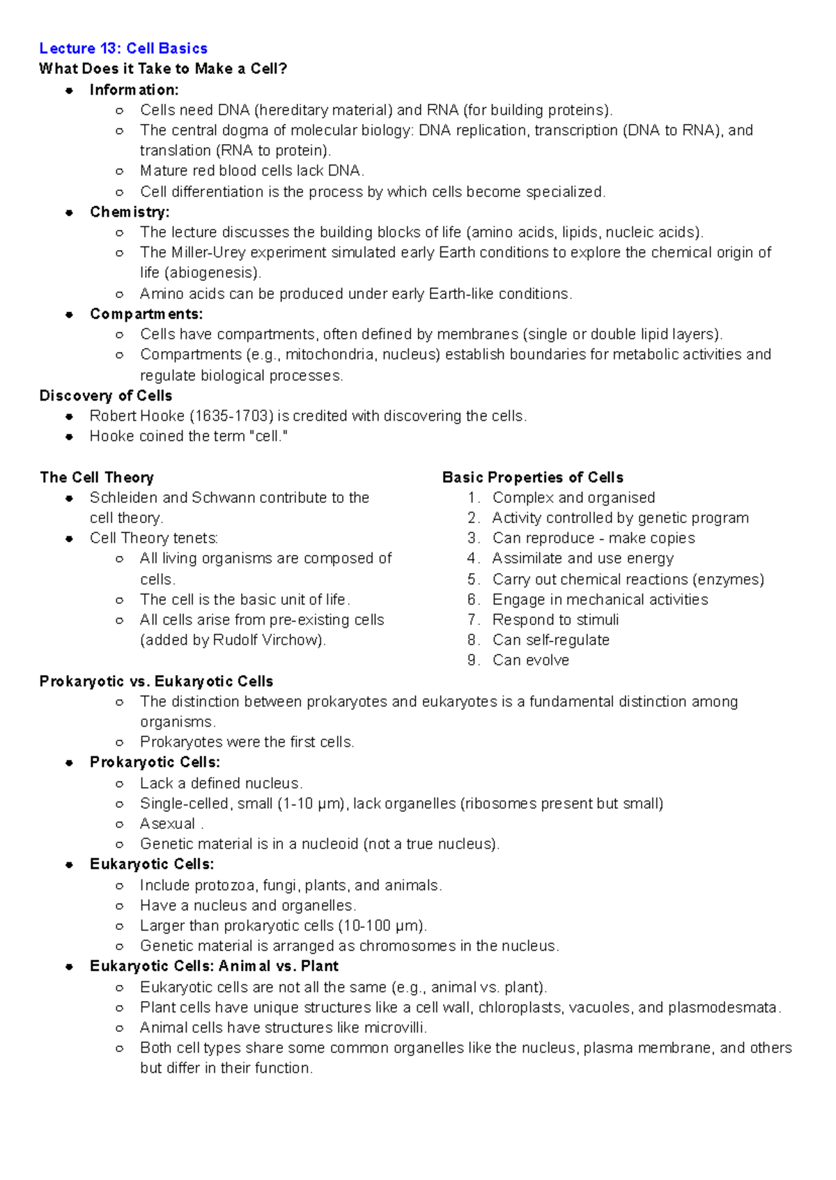 Bio 1090 Lecture Notes: Cell Basics, Diversity, and Membrane Functions ...