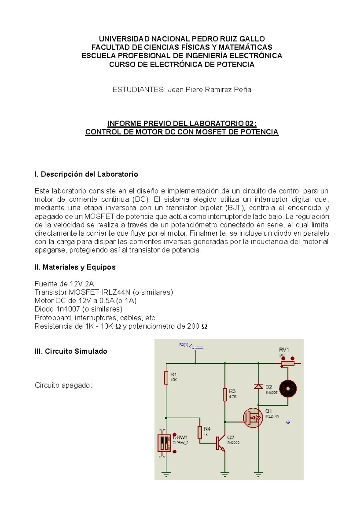 Informe Previo LAB02: Control de Motor DC con MOSFET de Potencia - Studocu