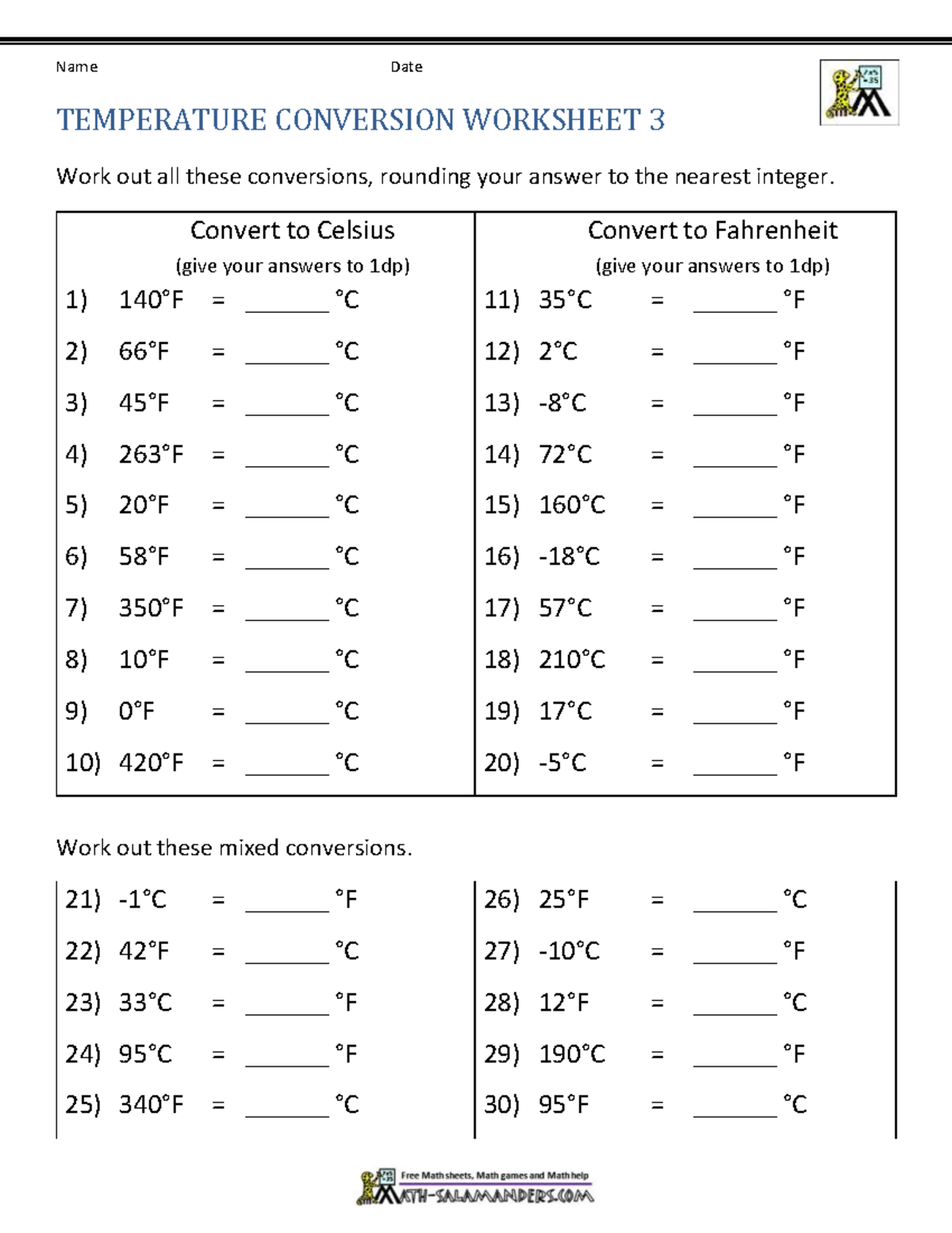 Temperature conversion worksheet 3 - Name Date TEMPERATURE CONVERSION ...
