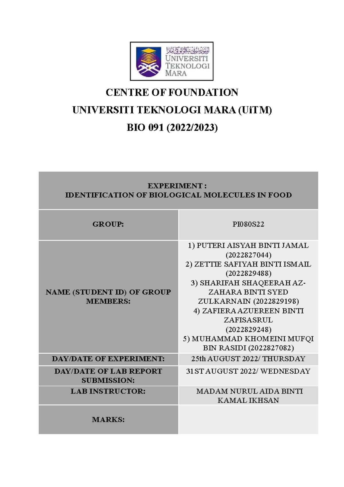 BIO 091 Lab Report: Identifying Biological Molecules in Food - Studocu