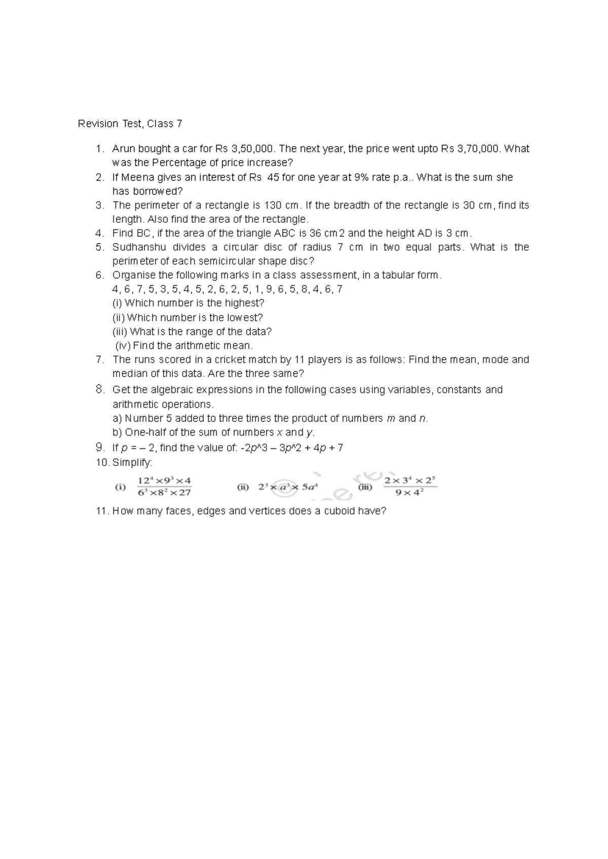 Revision Test Questions, Class 7 - Studocu