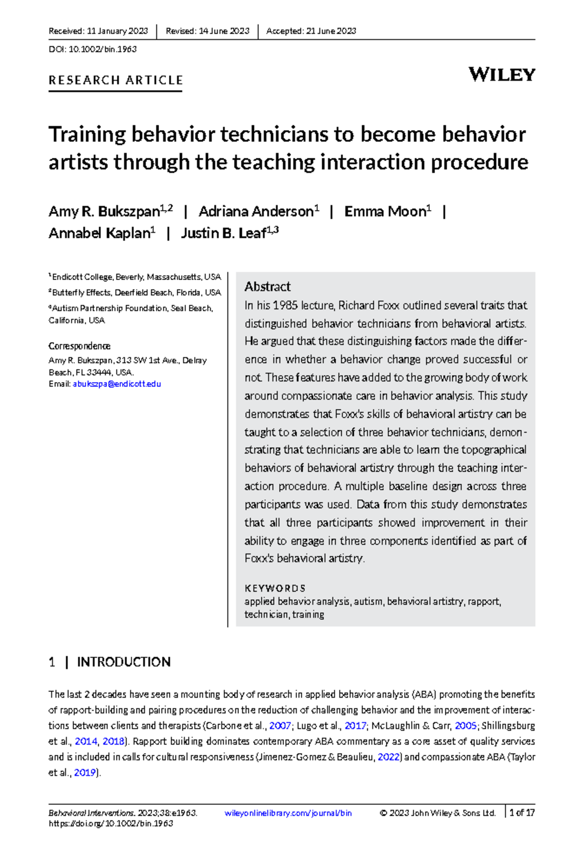Training Behavior Technicians in Behavioral Artistry via TIP - Studocu