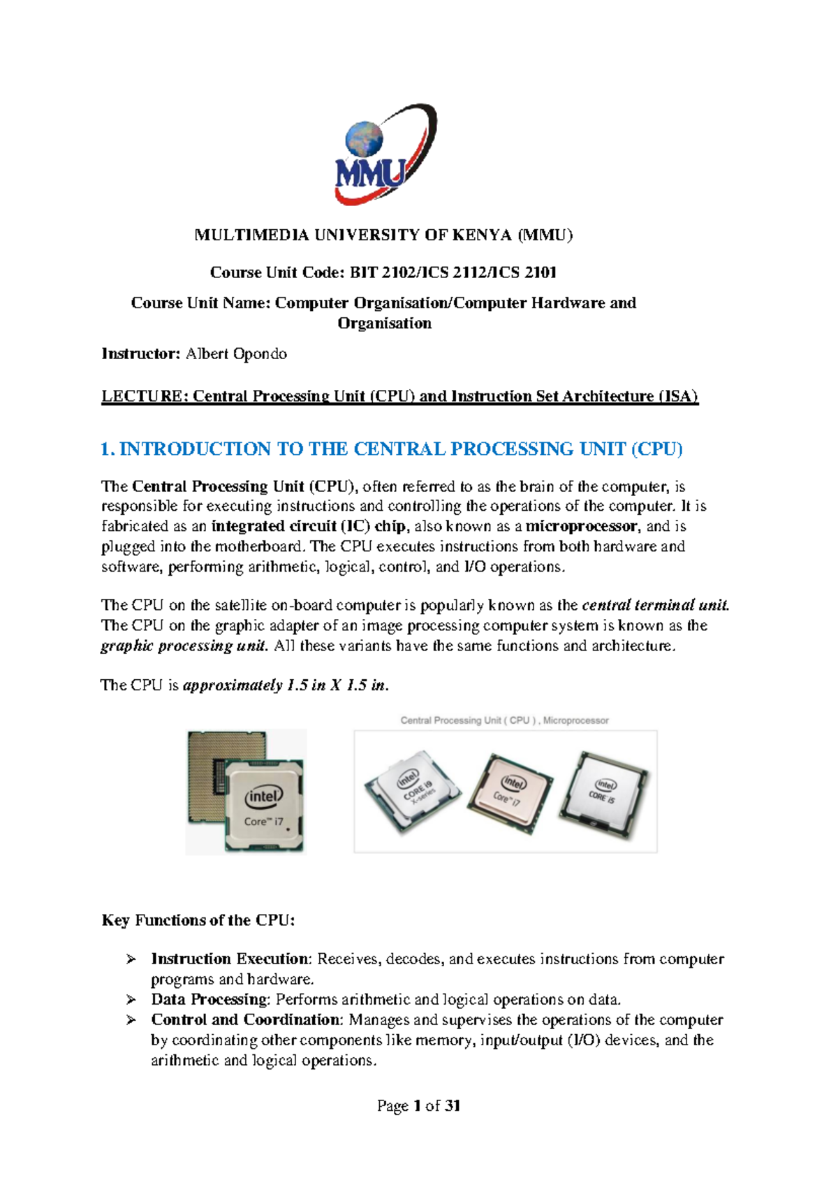 BIT 2101 Lecture Notes: Central Processing Unit (CPU) & ISA Overview ...