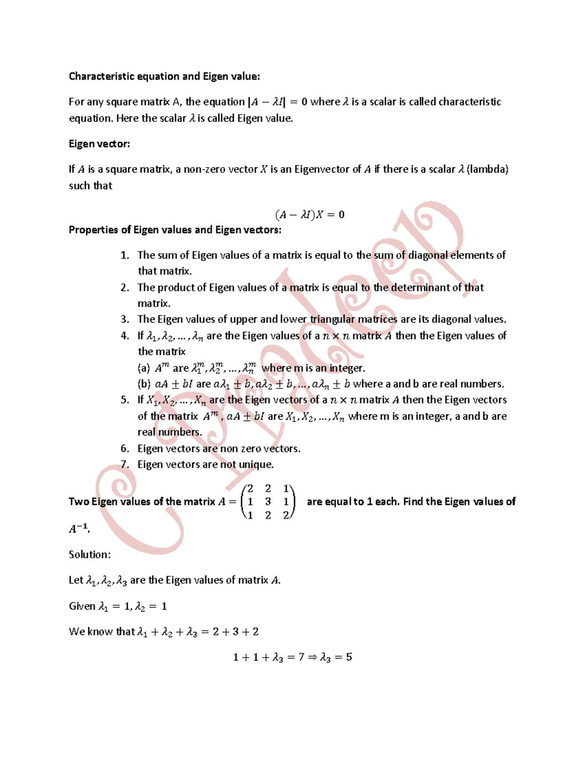 Eigenvalues and Eigenvectors: Characteristic Equation Analysis - Studocu