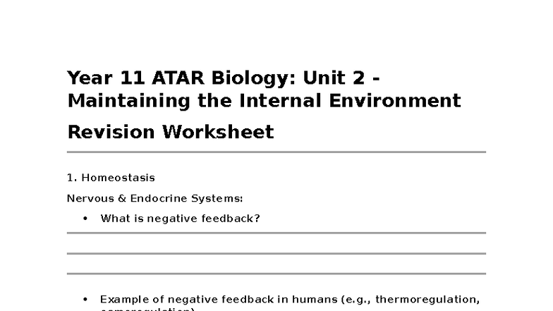 Year 11 ATAR Biology: Unit 2 Homeostasis Revision Worksheet - Studocu