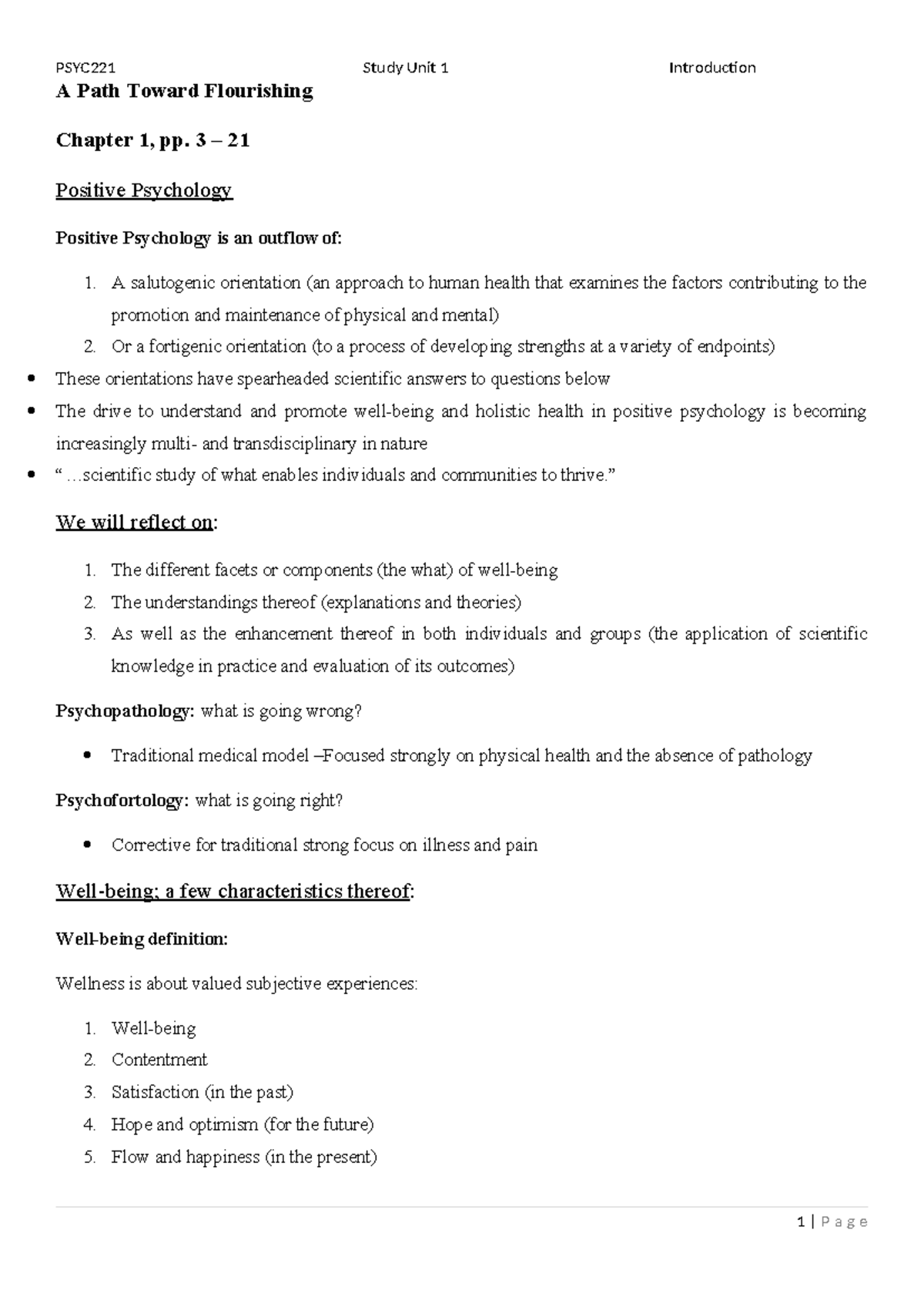 PSYC221 Unit 1: Overview of Positive Psychology Concepts and Theories ...