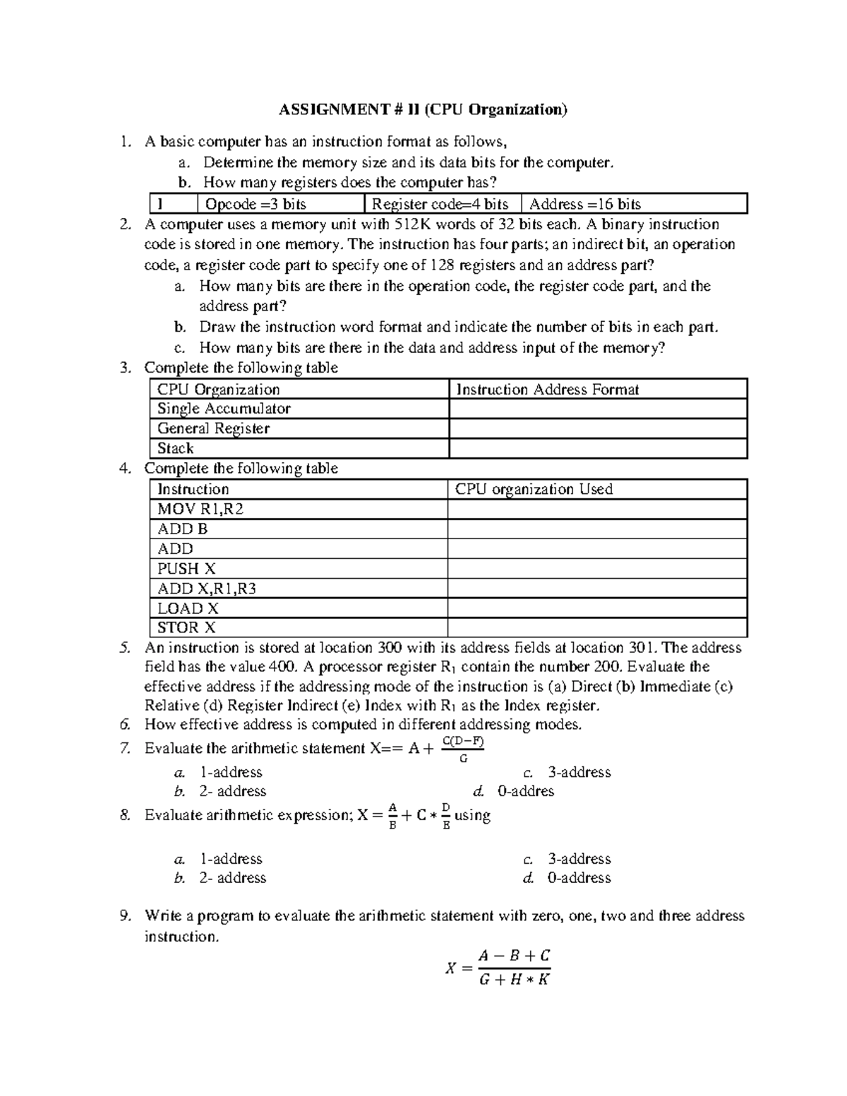 CPU Organization Assignment II: Instruction Formats & Addressing Modes - Studocu
