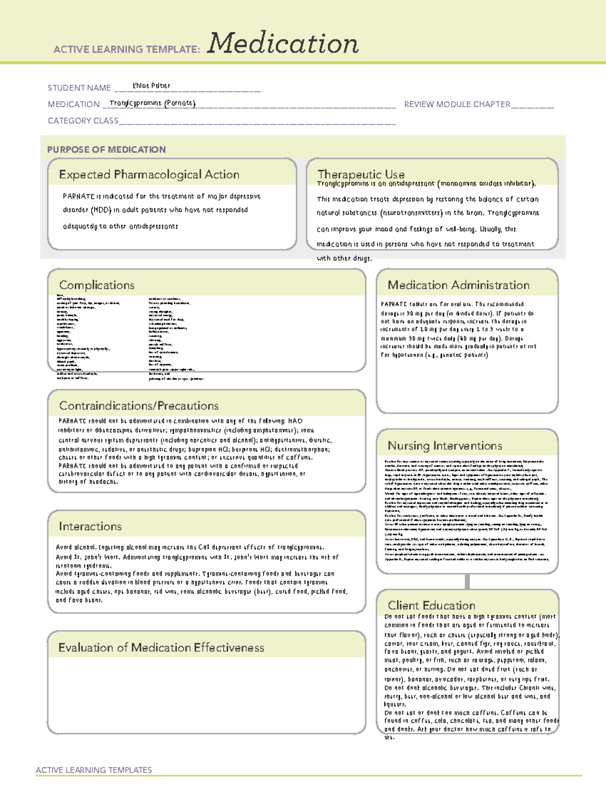 Tranylcypromine - Medication Review Card for HCP Study - Studocu