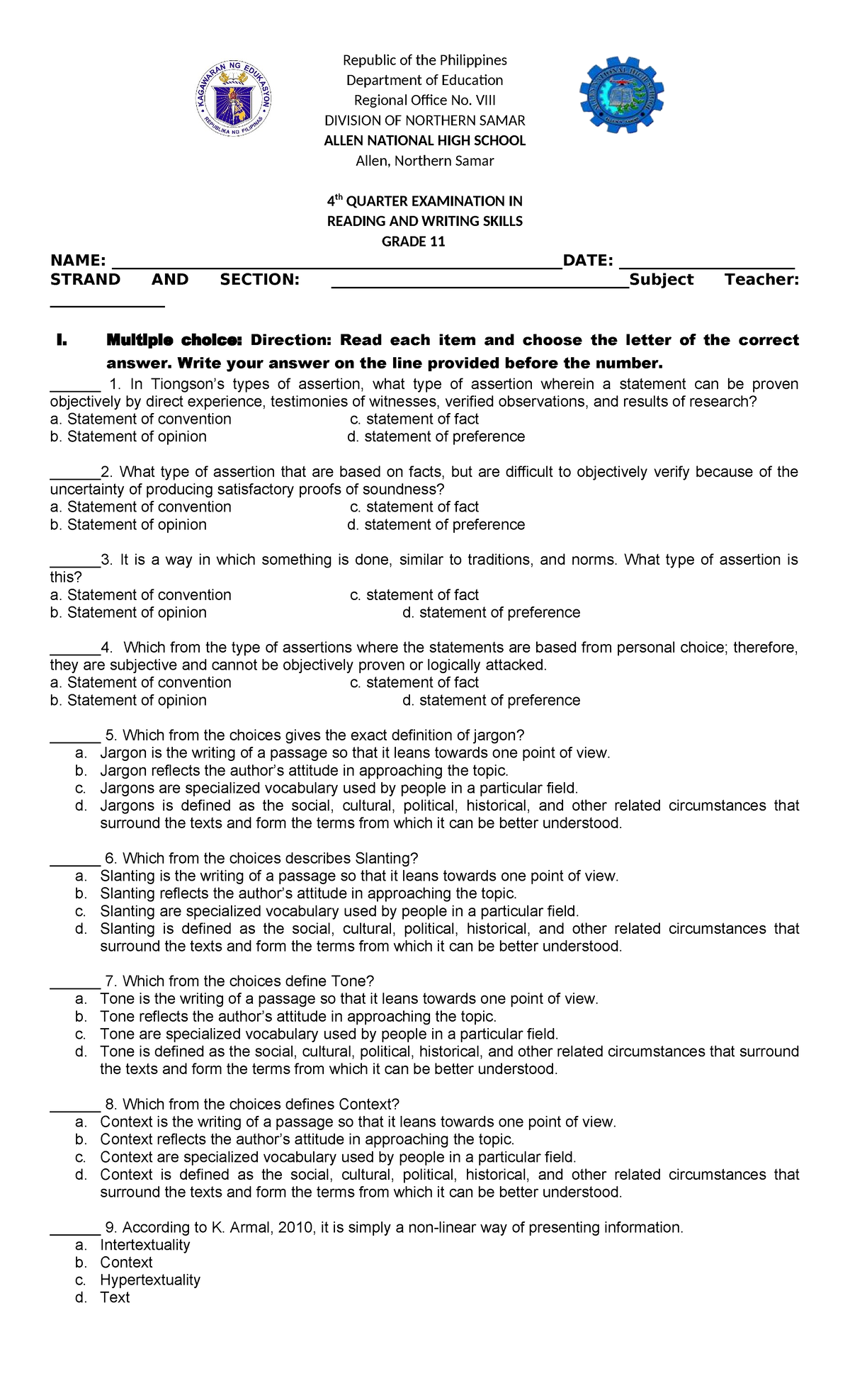 Grade 11 Reading and Writing Skills 4th Quarter Exam - Studocu