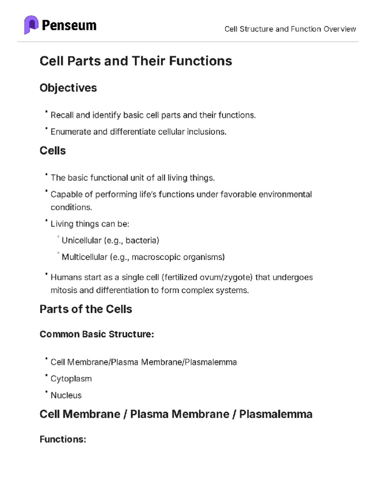 Cell Structure and Function Overview: Key Components and Roles - Studocu