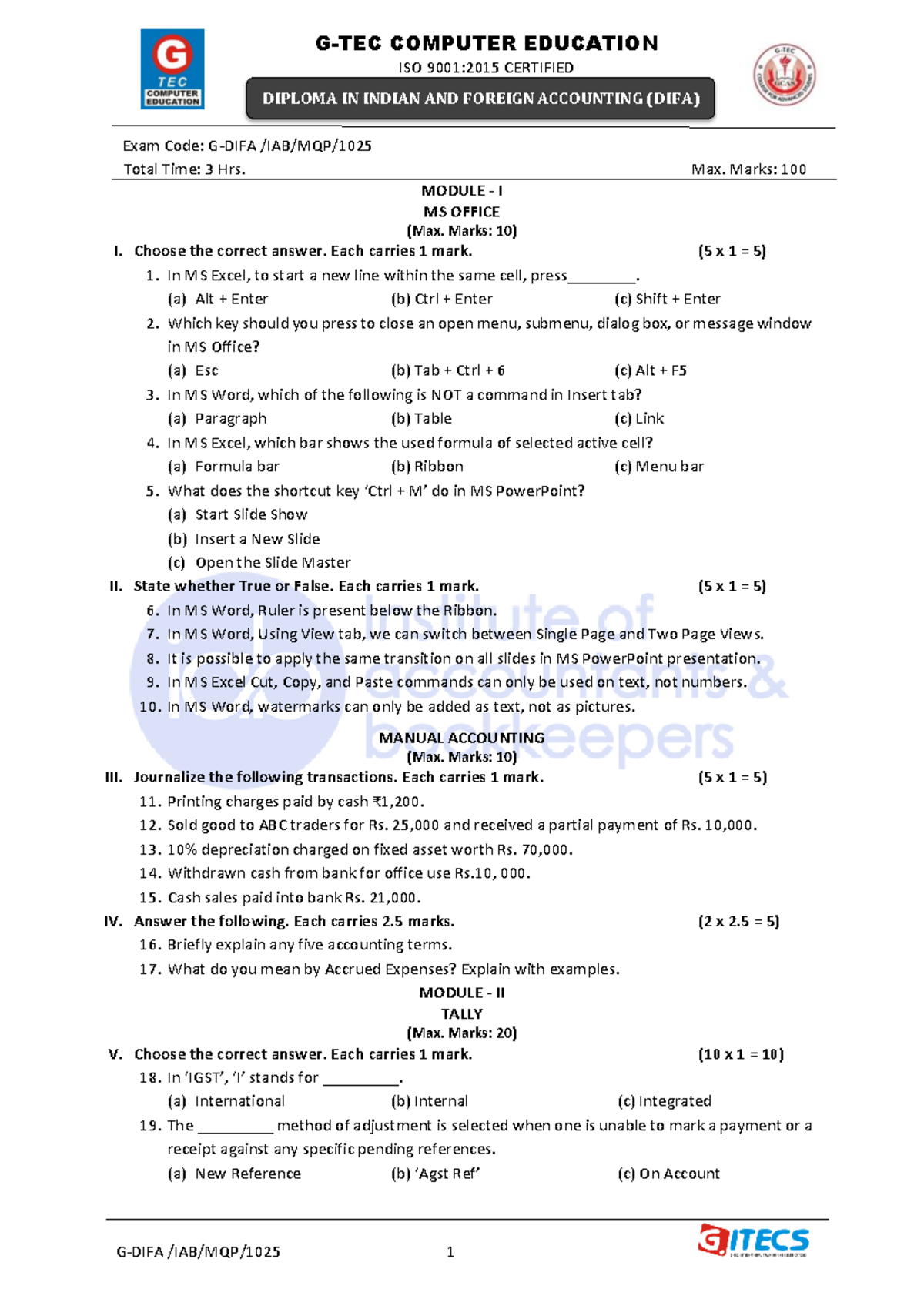 IAB-DIFA Exam Paper: Computer Education & Accounting (Oct 2025) - Studocu