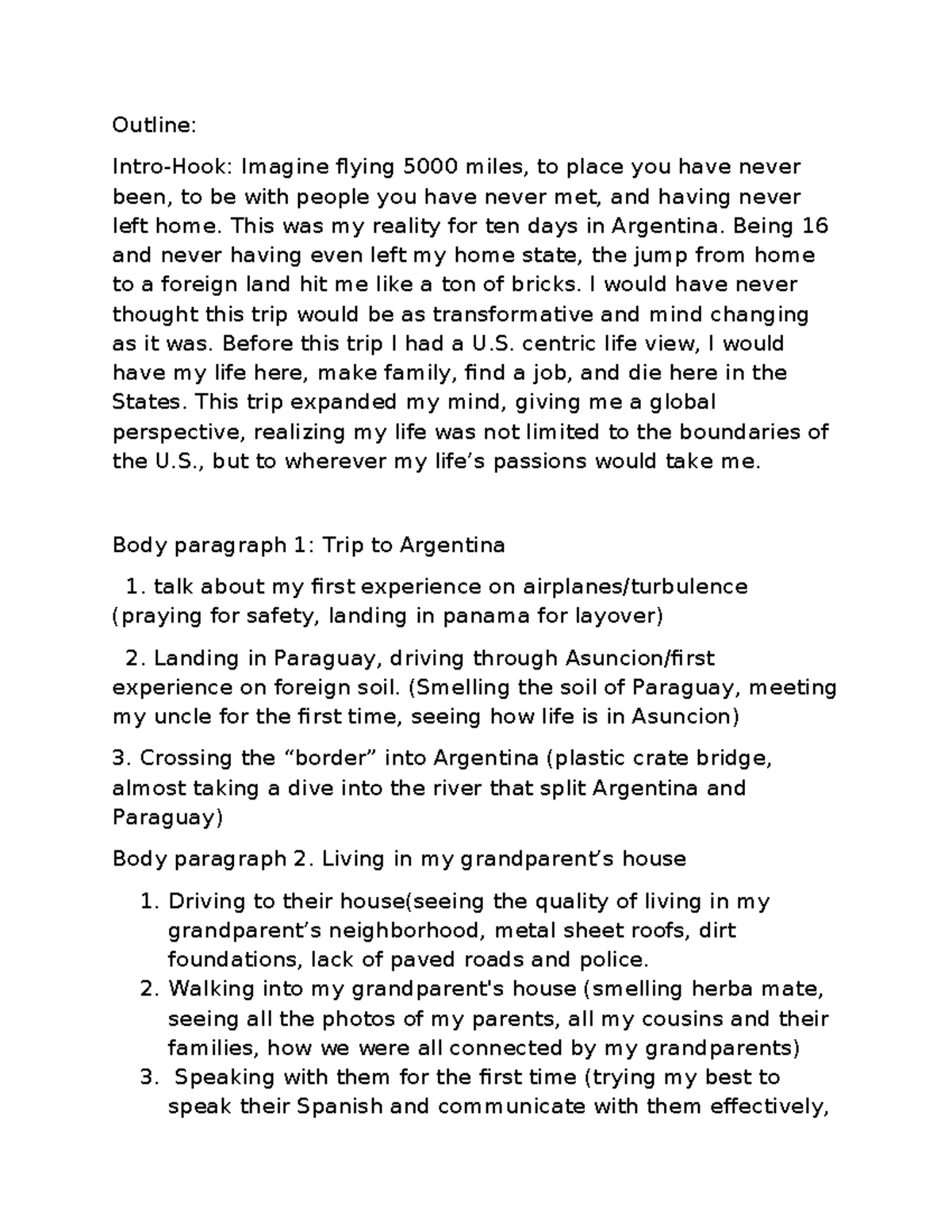 Outline: Transformative Journey to Argentina - Personal Reflection ...