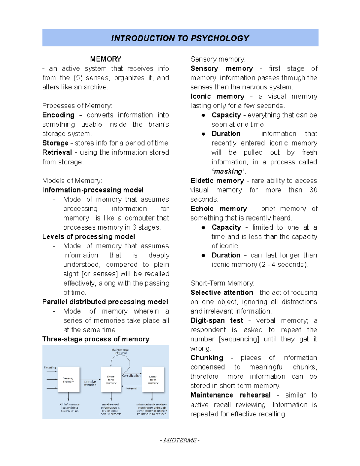 PSYC111-Midterm Study Notes: Memory, Learning, Intelligence, & Gender ...