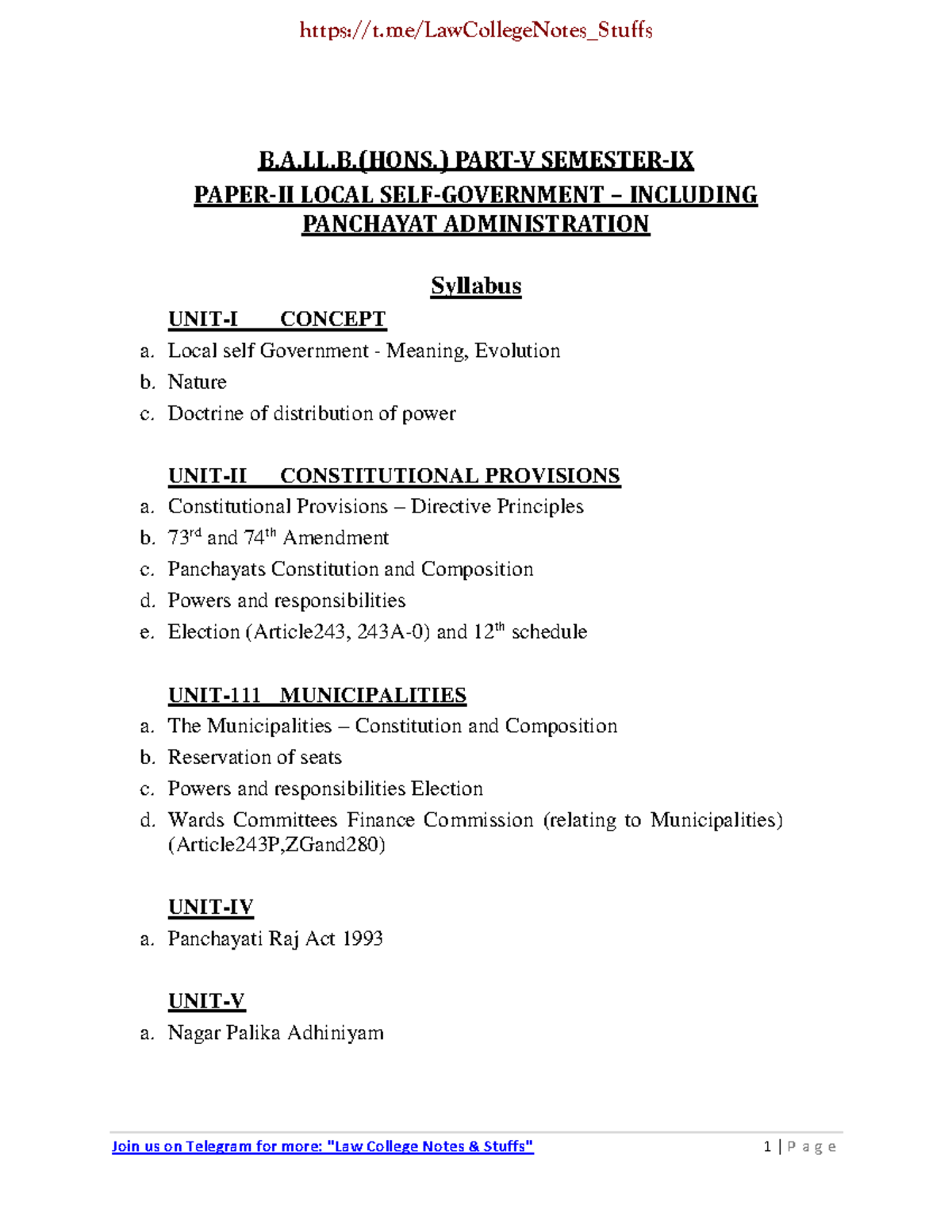 Local self government notes - B.A.LL.(HONS.) PART-V SEMESTER-IX PAPER ...