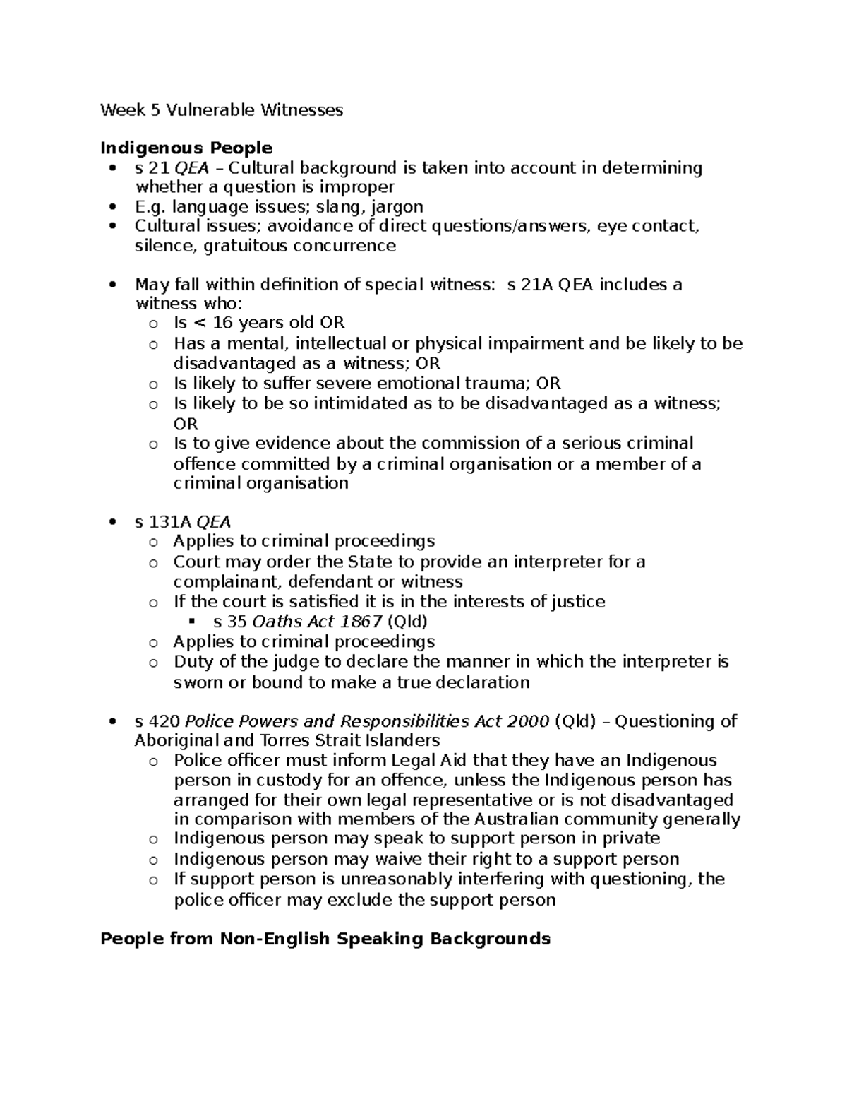Week 5: Vulnerable Witnesses & Indigenous Peoples - QEA Insights - Studocu