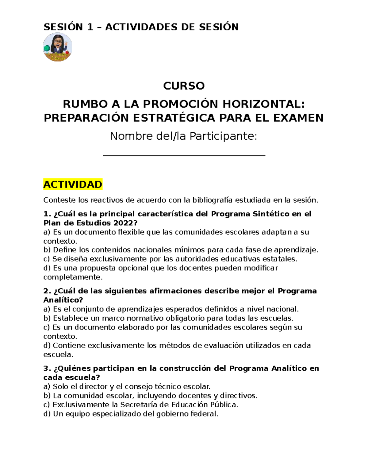 SESIÓN 1: ACTIVIDADES Y REACTIVOS PARA EXAMEN CURSO RUMBO A LA ...