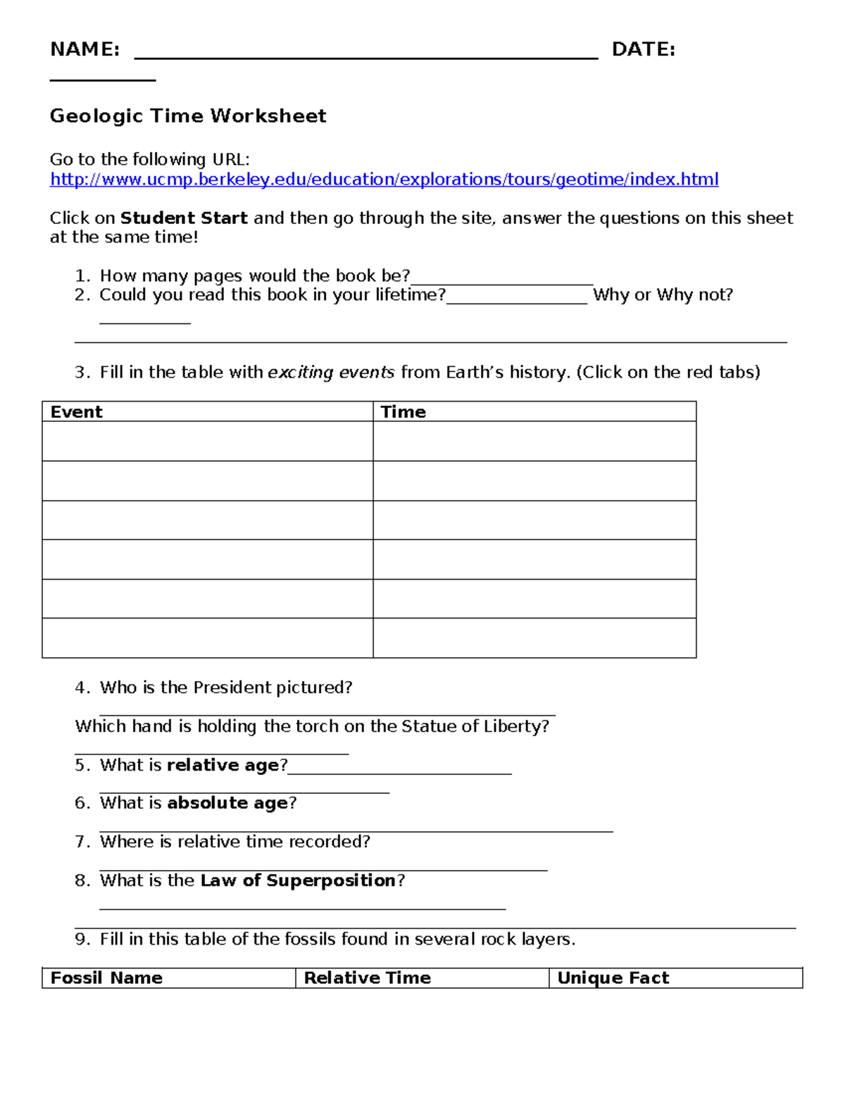 Geologic Time Worksheet - NAME ...