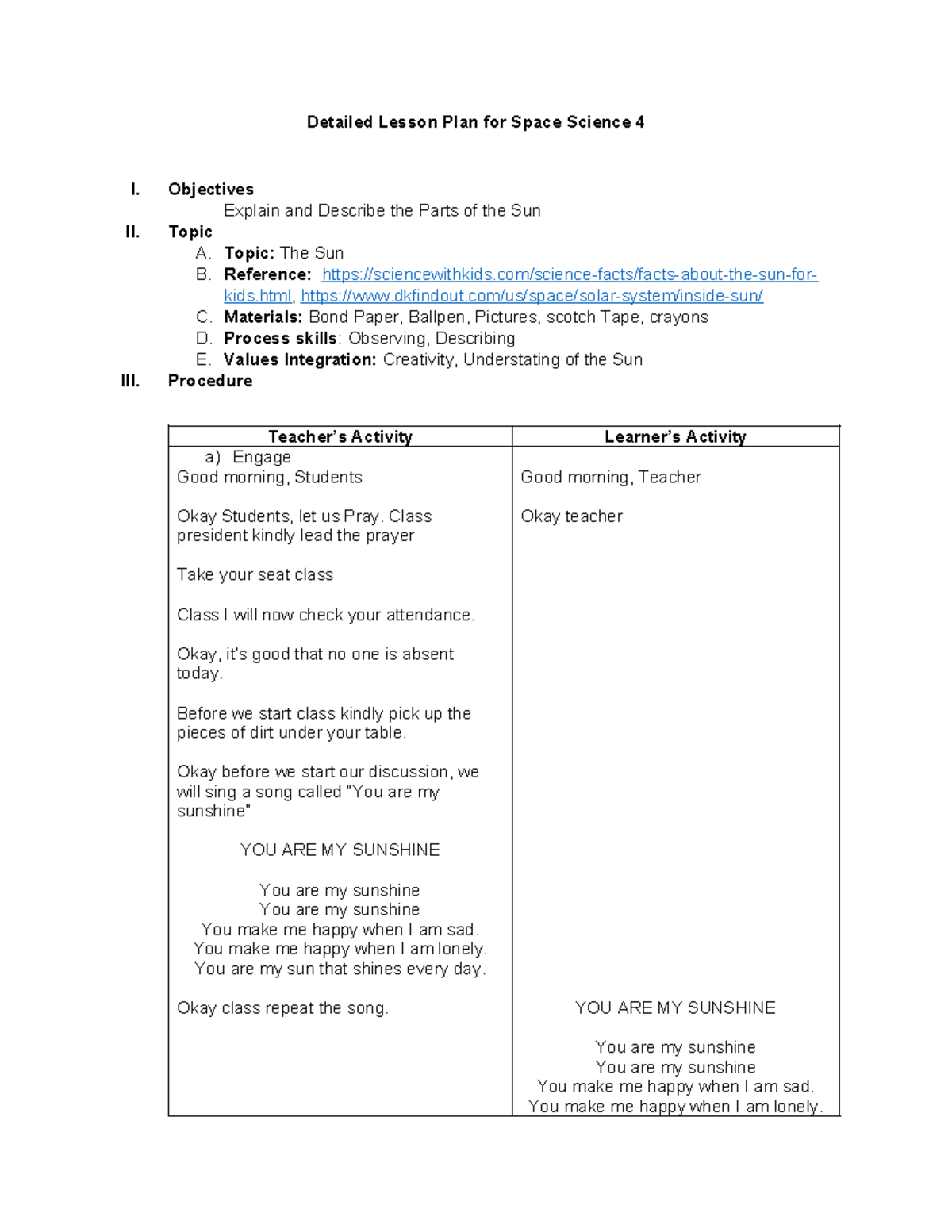 Lesson Plan on The Sun for Space Science 4: Engaging Activities and ...