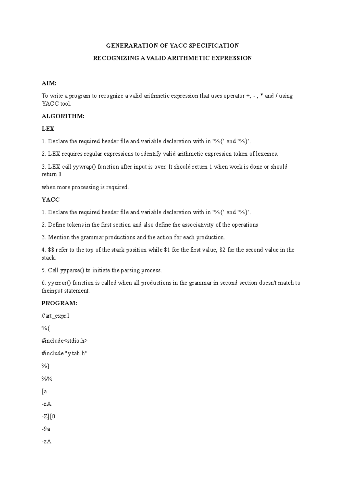 YACC Specification for Valid Arithmetic Expression & Calculator ...