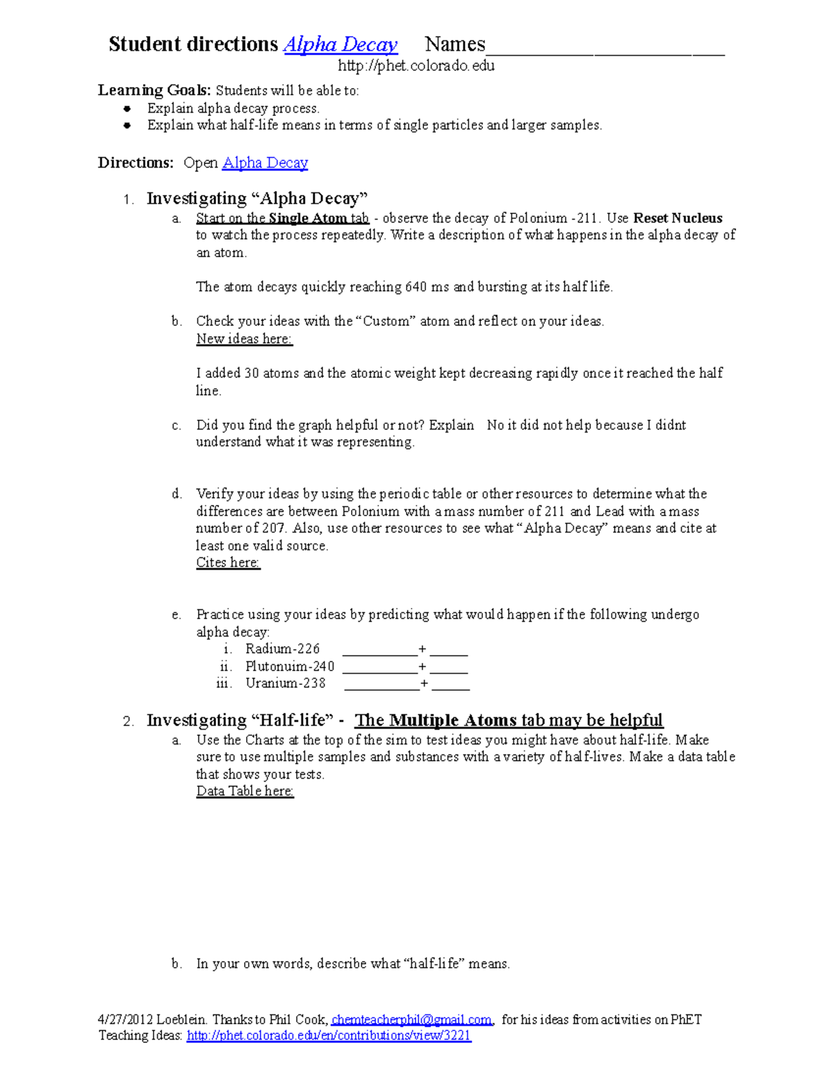 PHET Alpha Decay Investigation and Half-Life Analysis - Studocu
