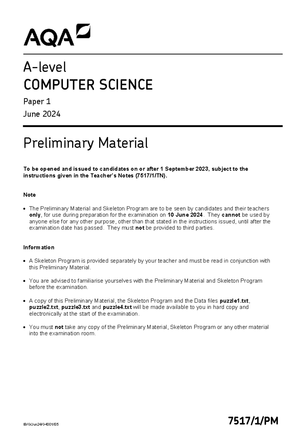 7517-1-PM Computer Science Preliminary Material for June 2024 Exam ...