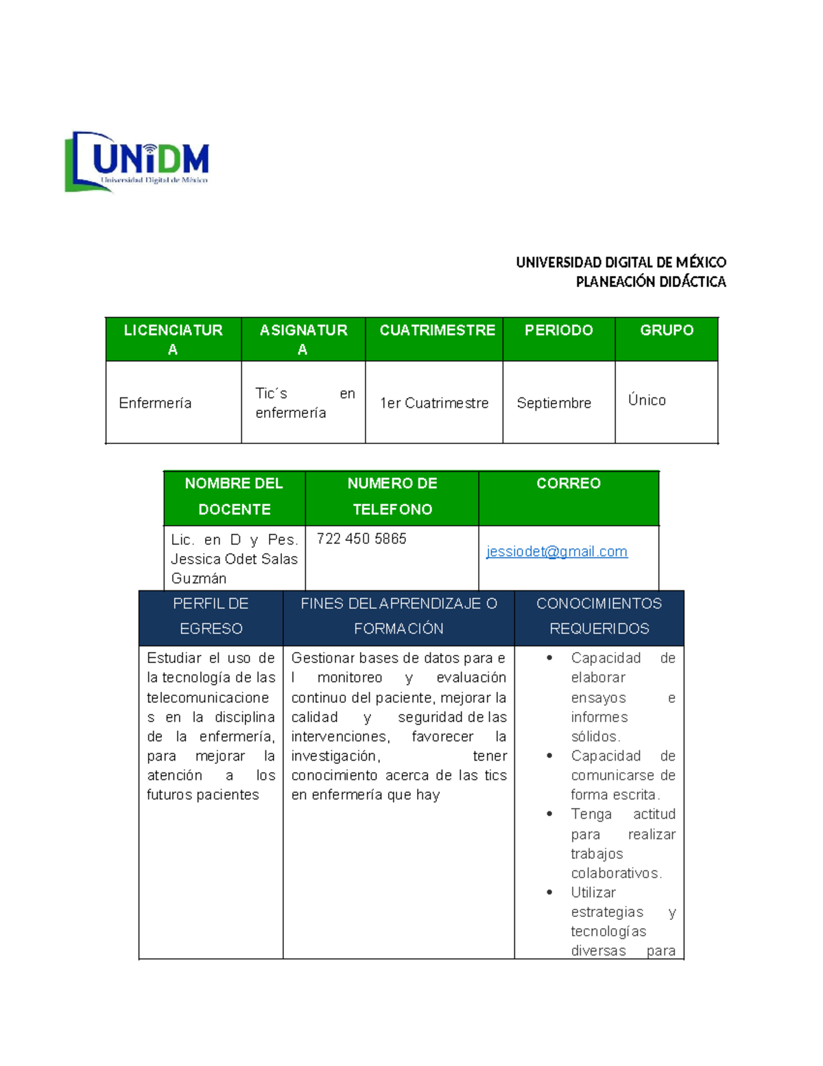 Planeación mensual tic´s en enfermeria - UNIVERSIDAD DIGITAL DE MÉXICO PLANEACIÓN DIDÁCTICA ...