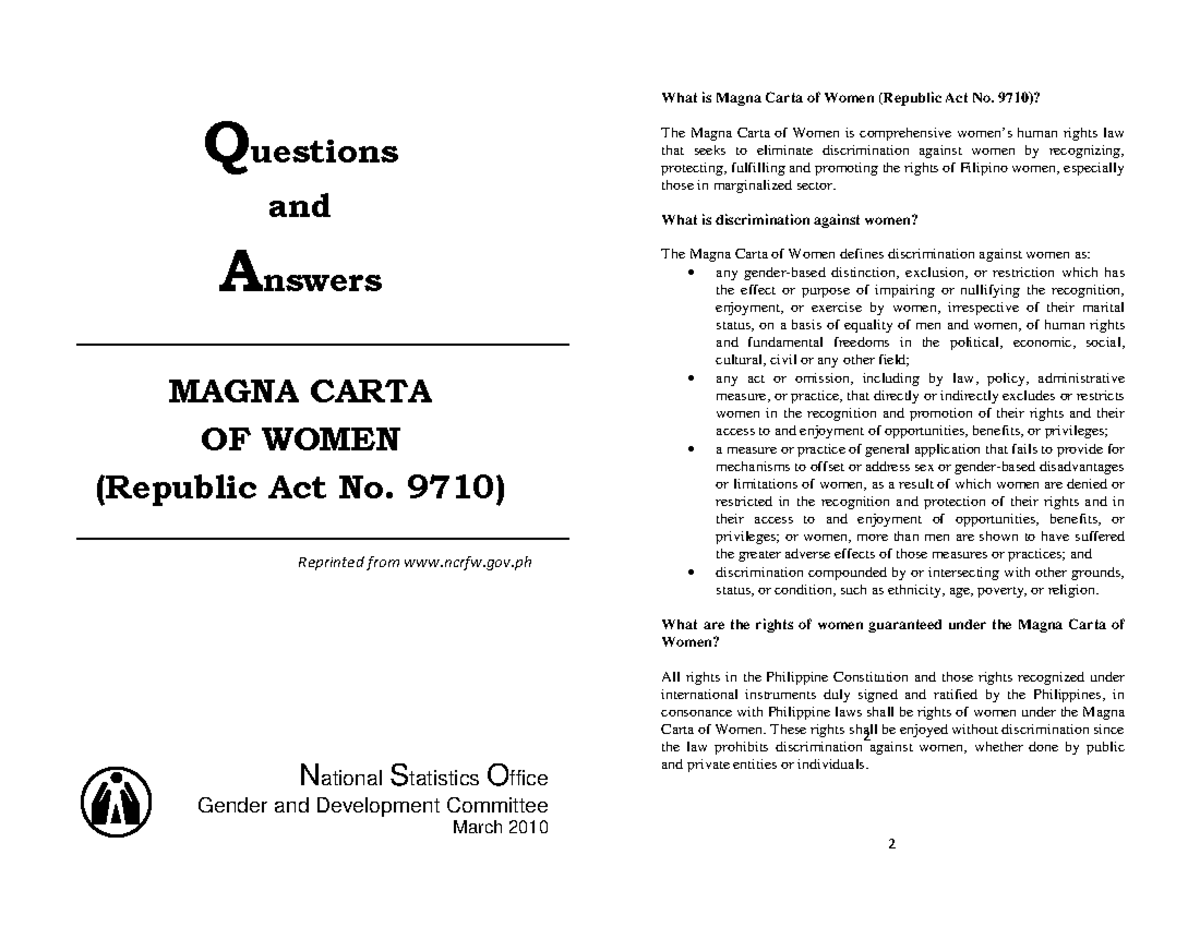 Notes on Republic Act No. 9710: Magna Carta of Women Q&A - Studocu