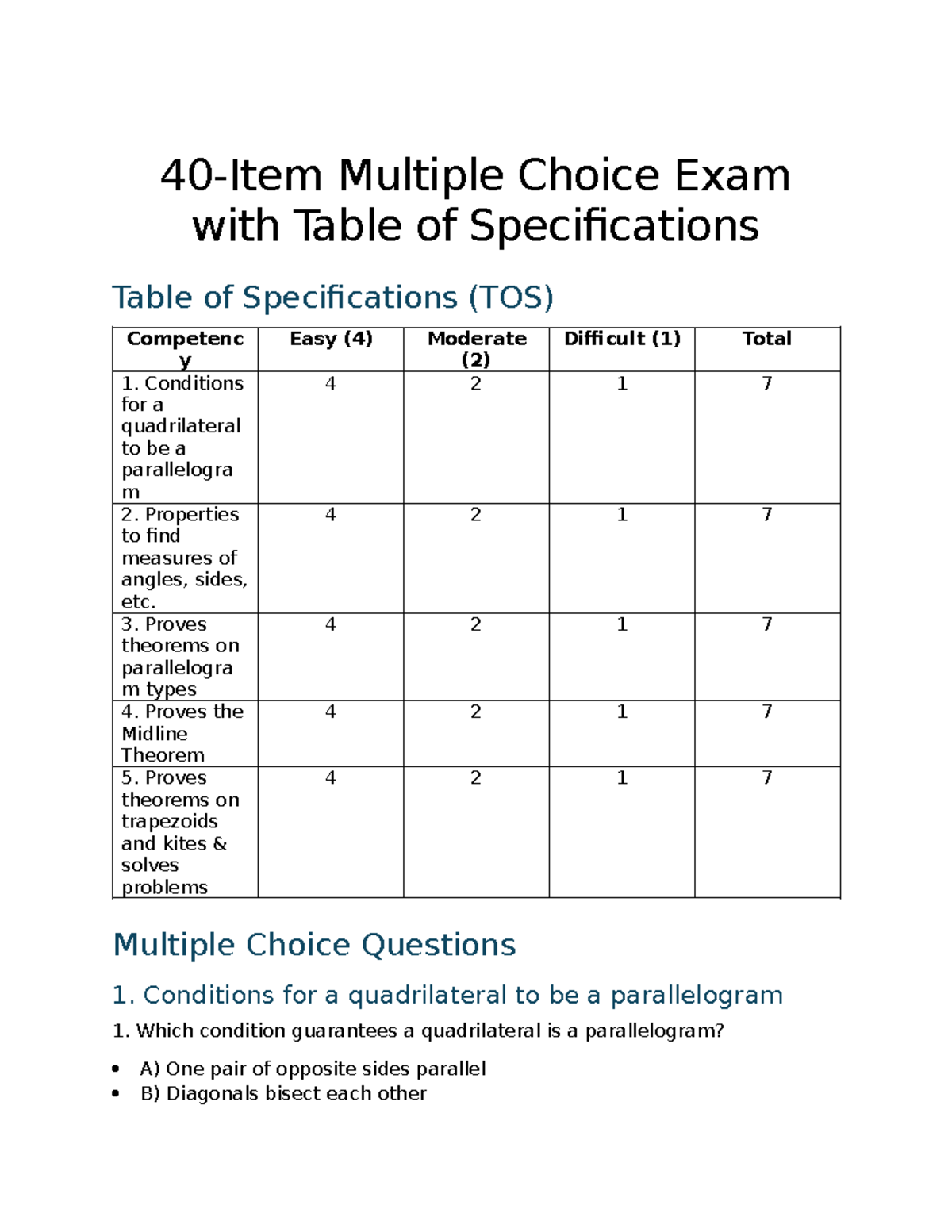 Geometry Quiz: Multiple Choice Exam on Parallelograms and Theorems - Studocu