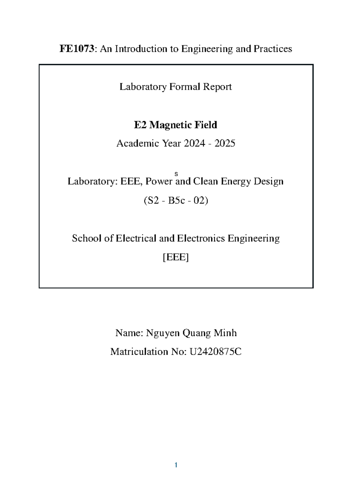 FE1073: Formal Report on Magnetic Field Experiments in E2 Lab - Studocu