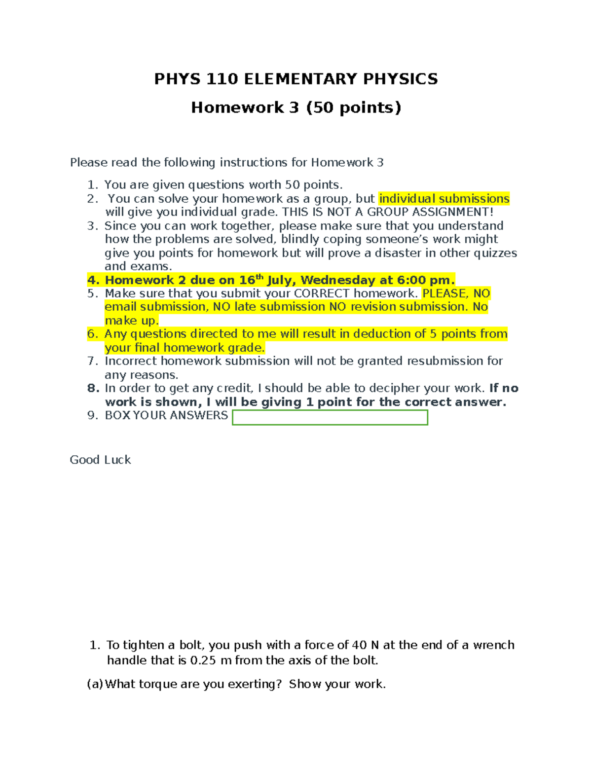 PHYS 110 ELEMENTARY PHYSICS Homework 3 Instructions and Problems - Studocu